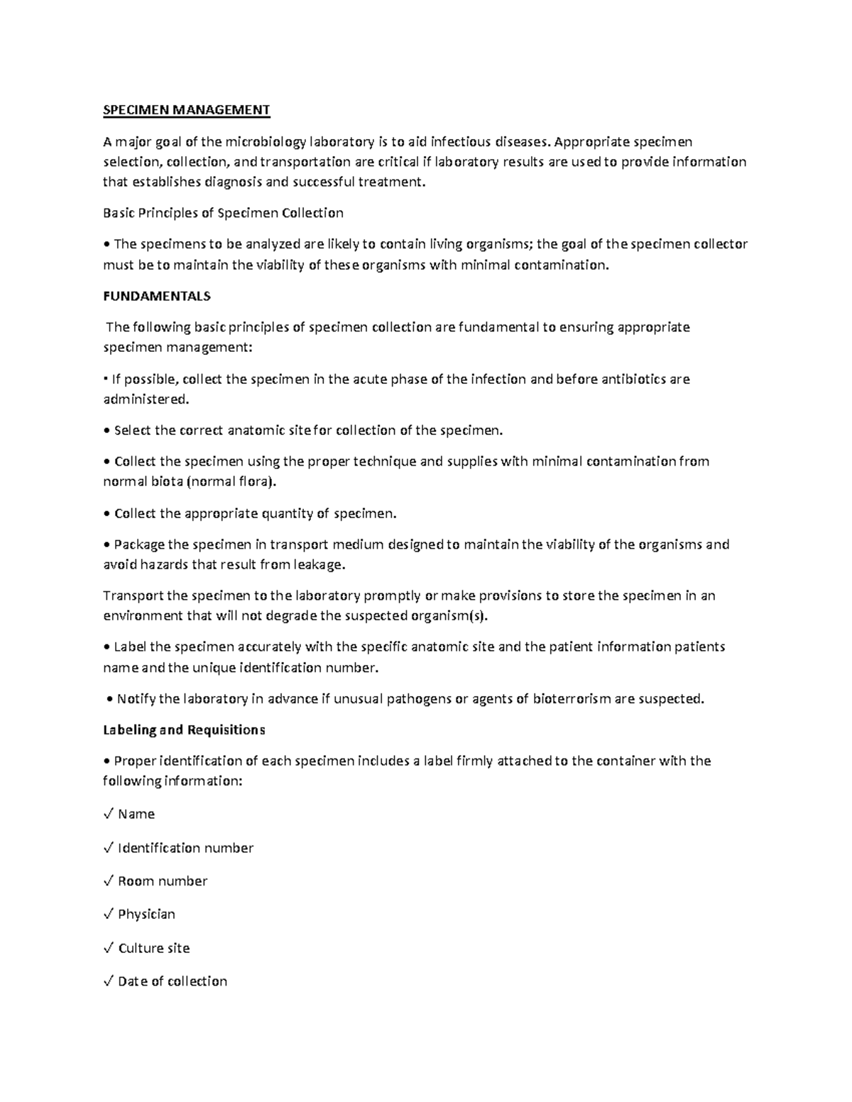 Specimen Management - SPECIMEN MANAGEMENT A major goal of the ...