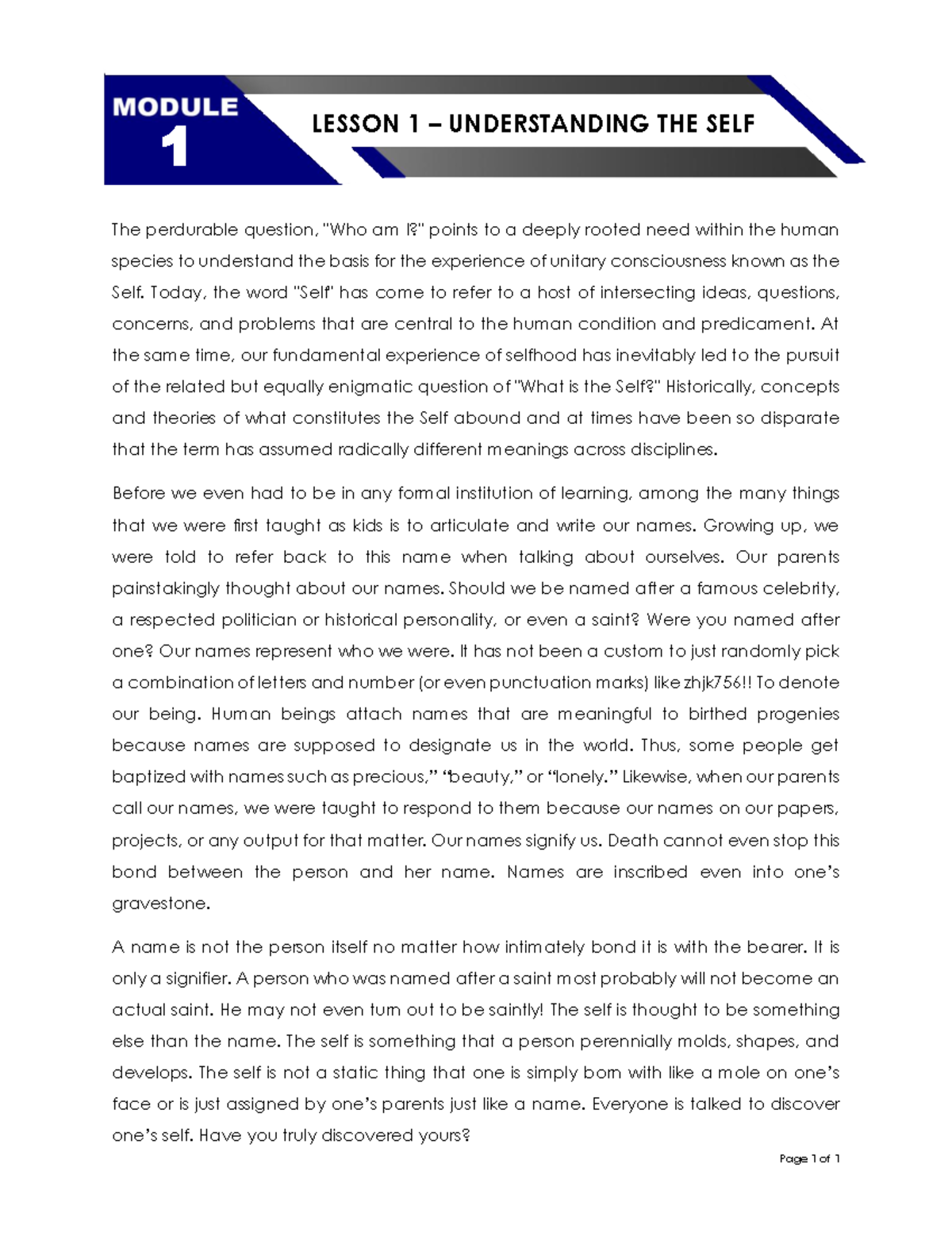 Lesson 1 - Understanding the Self - Page 1 of 1 1 LESSON 1 – UNDERSTANDING THE SELF The ...