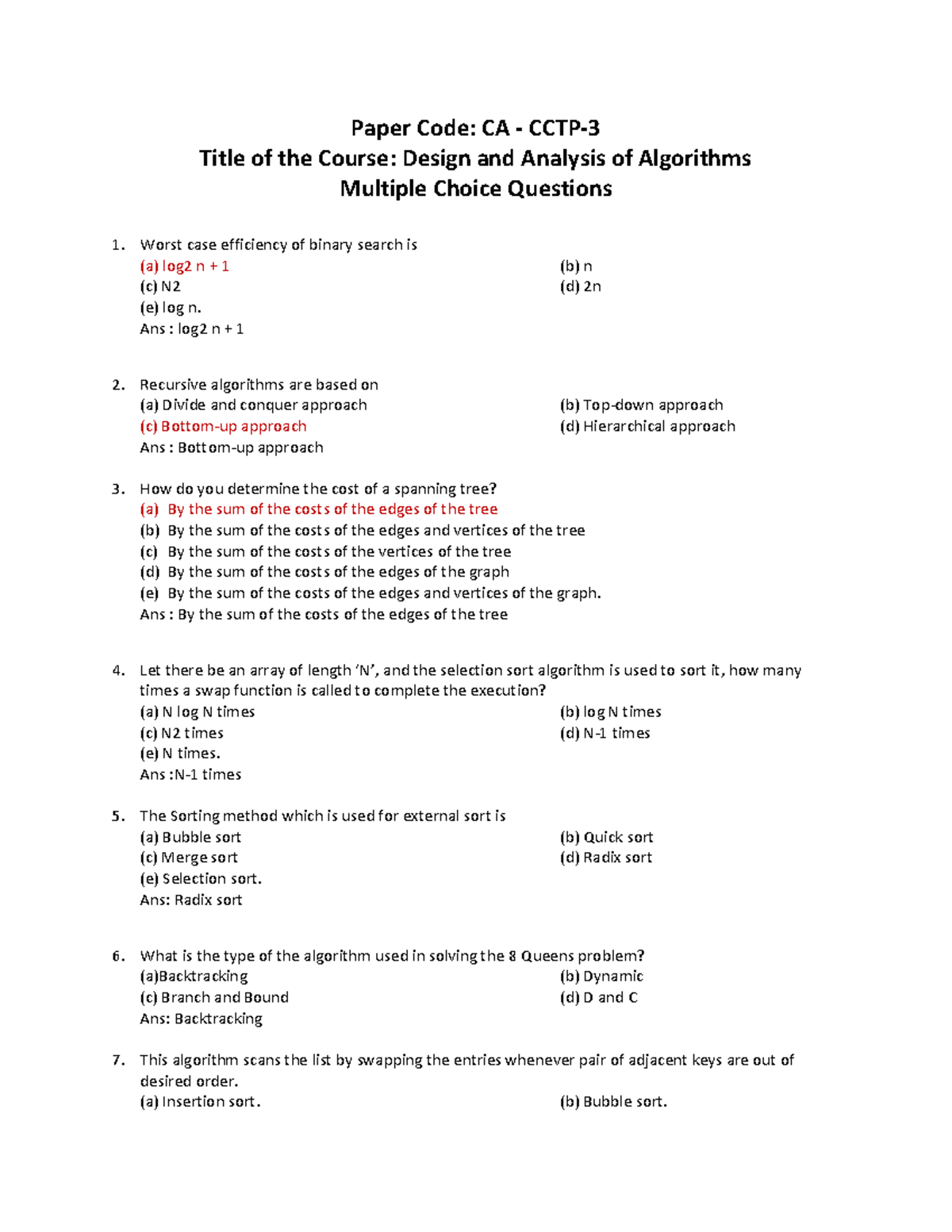 Design And Analysis Of Algorithm Mcq Paper Code Ca Cctp Title Of The Course Design And