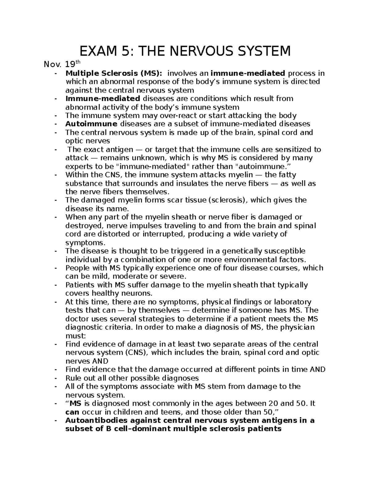 Bio exam 5 - exam 5: nervous system - EXAM 5: THE NERVOUS SYSTEM Nov ...