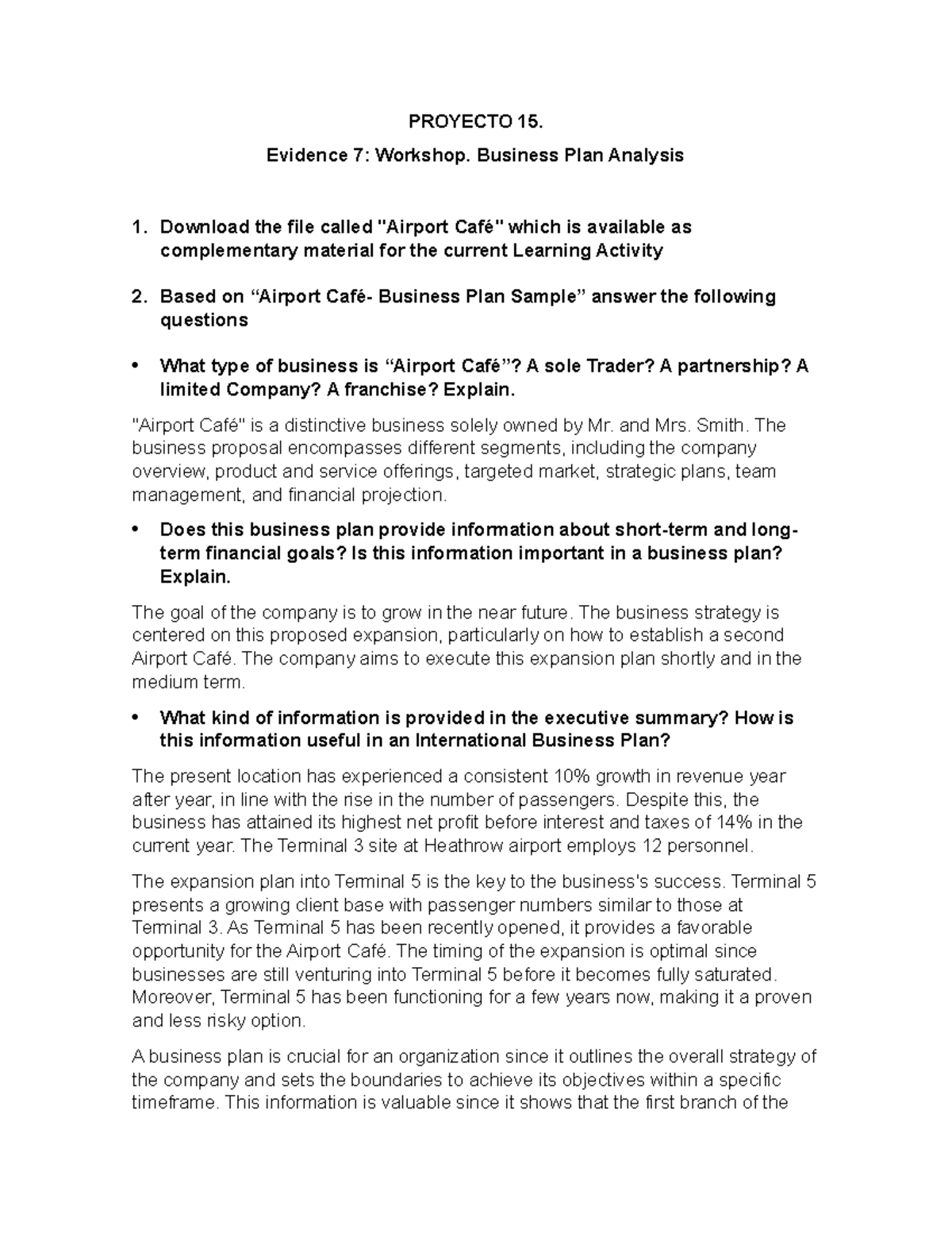 Proyecto 15. Evidence 7. Workshop. Business Plan Analysis - PROYECTO 15 ...