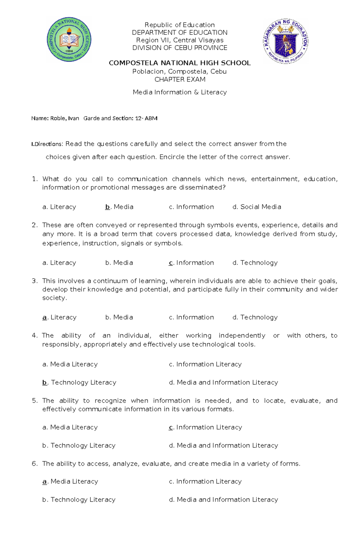 Roble, IVAN 12- ABM Chapter Test - Republic of Education DEPARTMENT OF ...