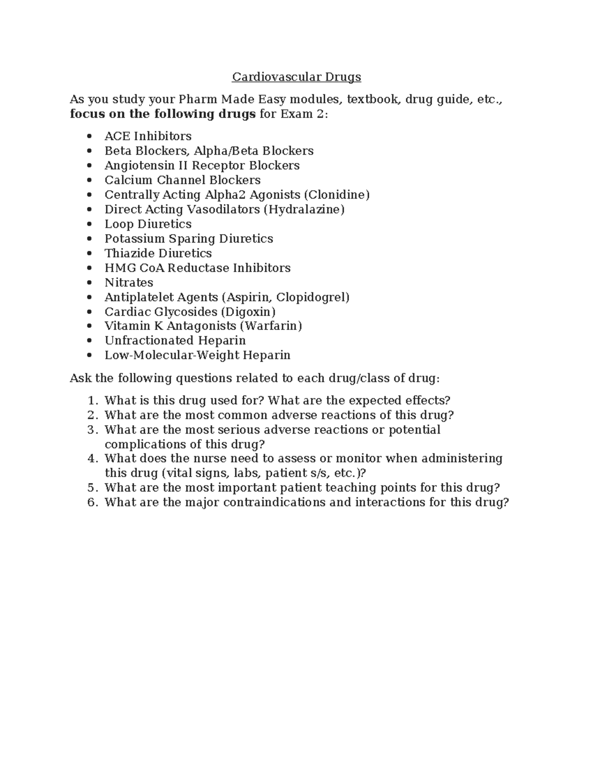 Cardiovascular Drugs Study Guide - Cardiovascular Drugs As you study ...