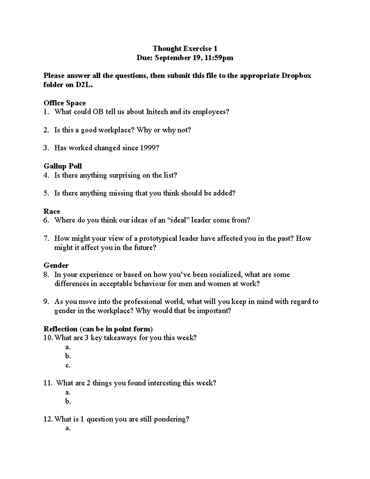 Thought Exercise 1 - NOTES - Thought Exercise 1 Due: September 19, 11 ...