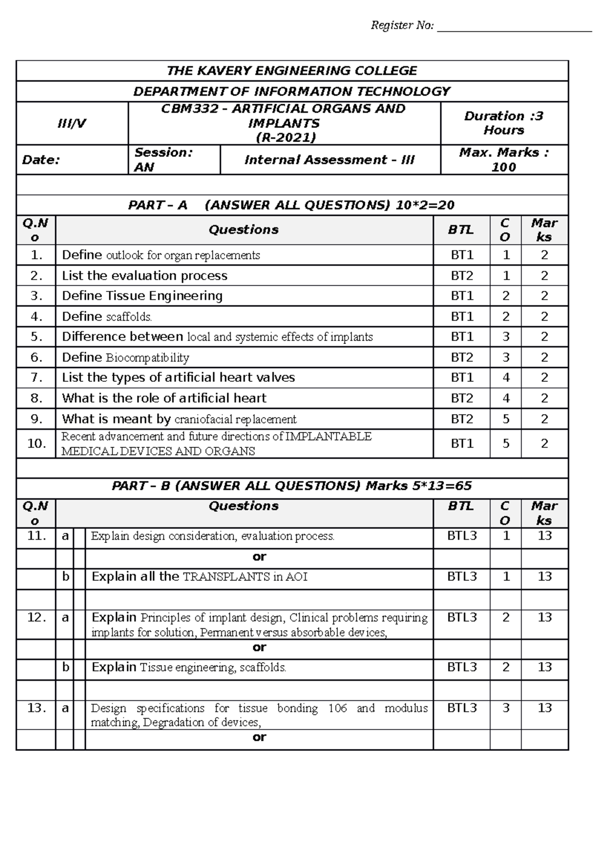 AOI IA-3 - Register No: _________________________ THE KAVERY ENGINEERING COLLEGE DEPARTMENT OF ...