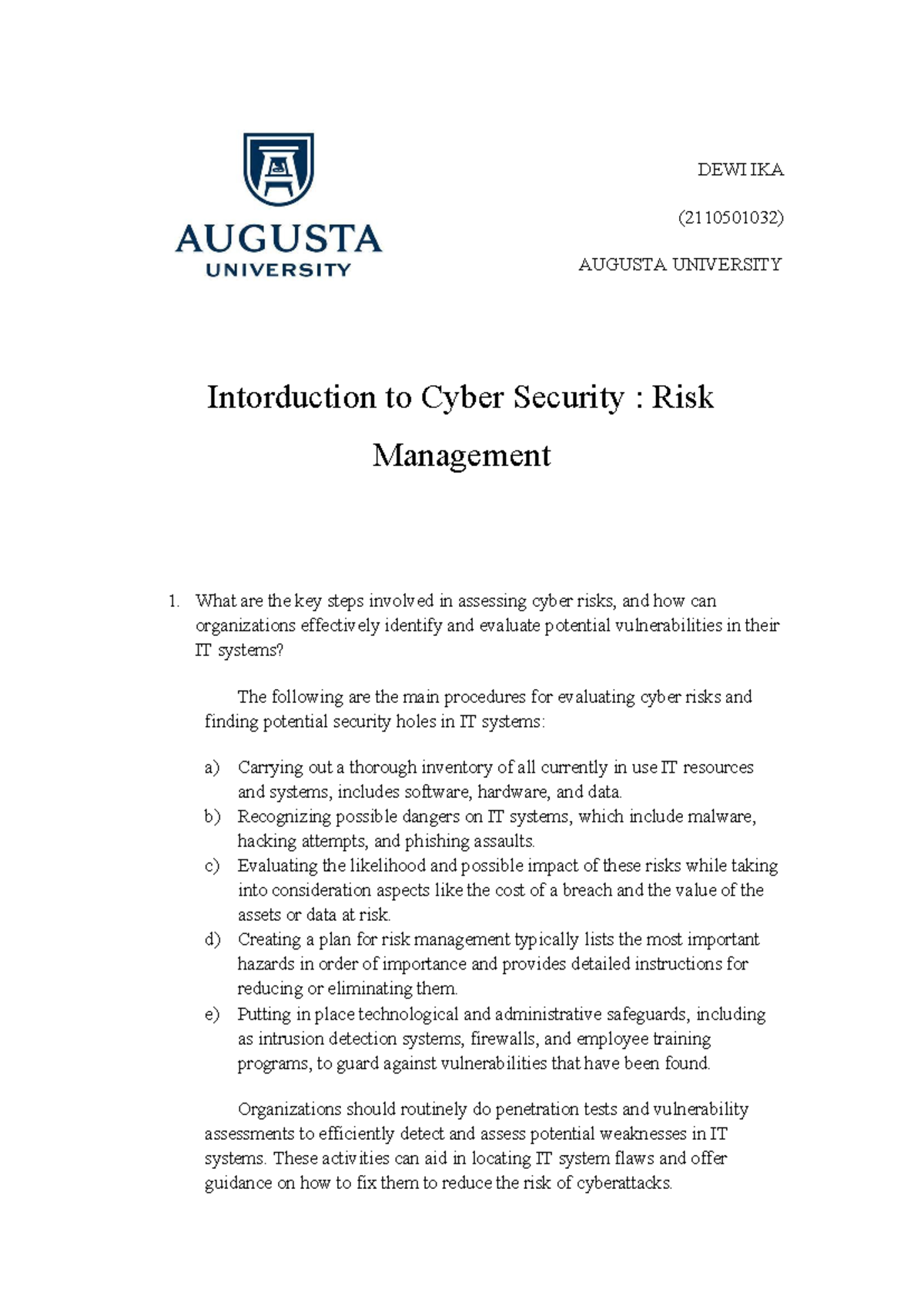 Introduction to Cyber Security Chapter 5 (assignment) - DEWI IKA (2110501032) AUGUSTA UNIVERSITY ...