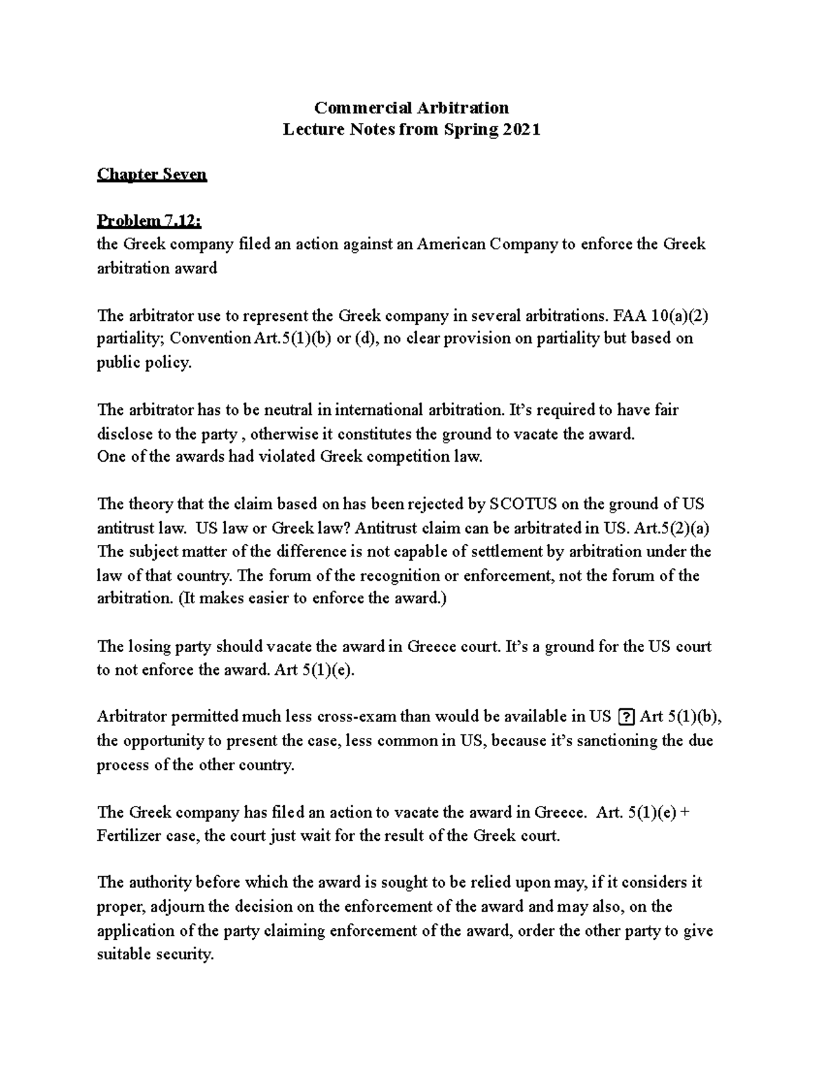 Problem 7.12- 7.13 - Commercial Arbitration Lecture Notes from Spring ...