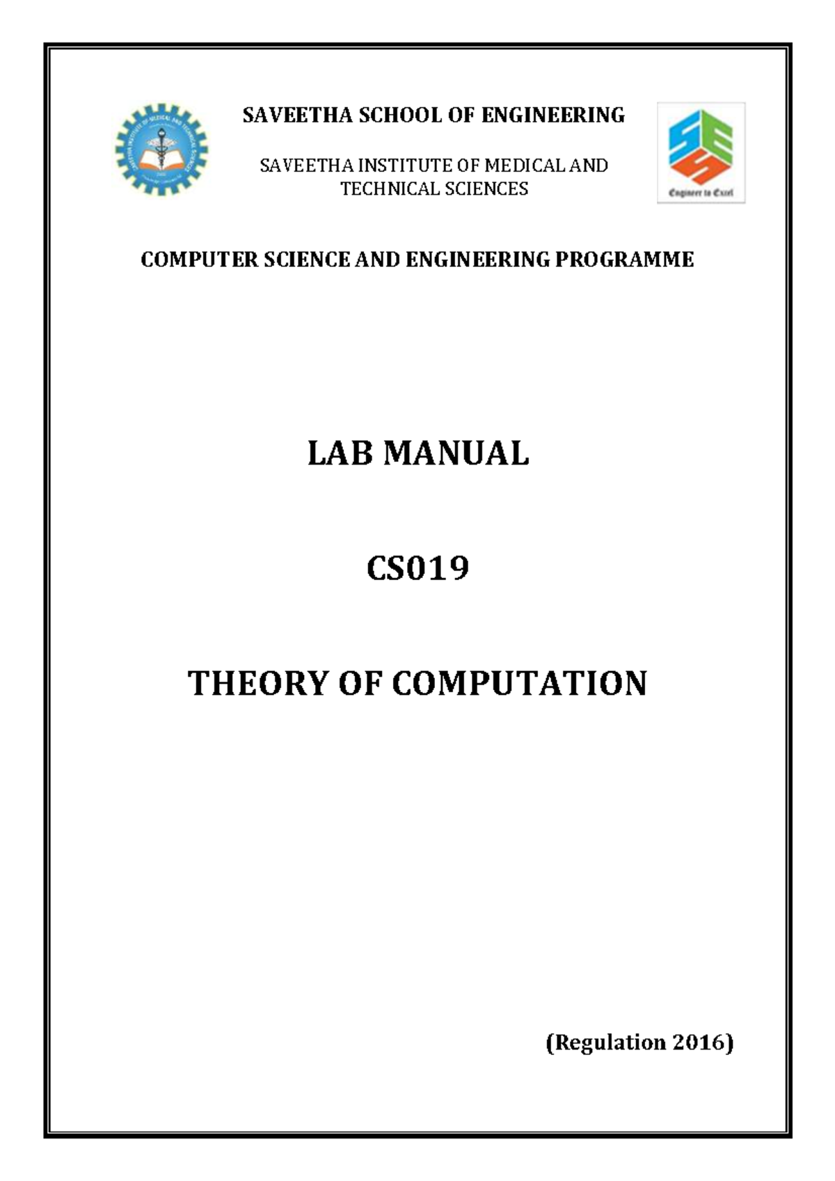TOC Lab Manual - SAVEETHA SCHOOL OF ENGINEERING SAVEETHA INSTITUTE OF MEDICAL AND TECHNICAL ...