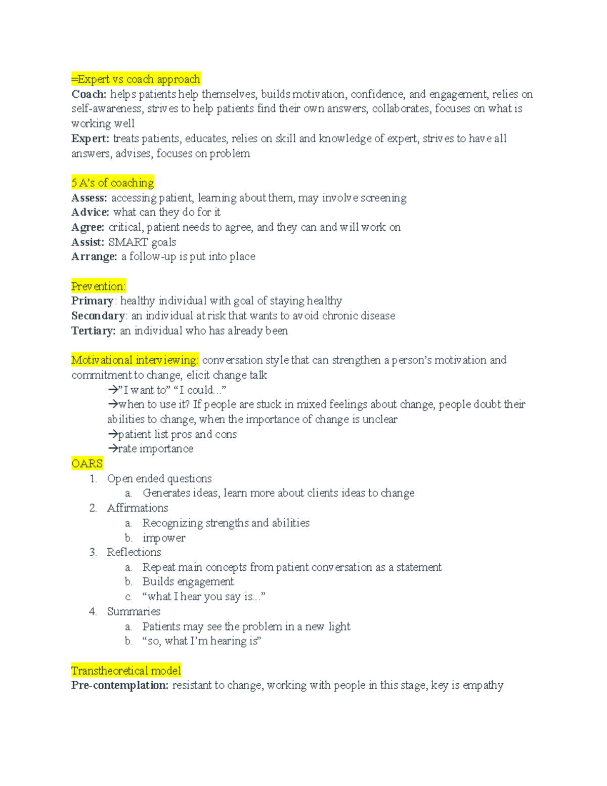 Lifestyle medicine final Exam Study guide - =Expert vs coach approach ...