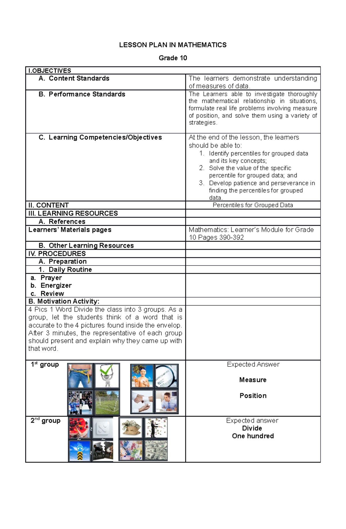 Lesson PLAN IN Mathematics - LESSON PLAN IN MATHEMATICS Grade 10 I A ...