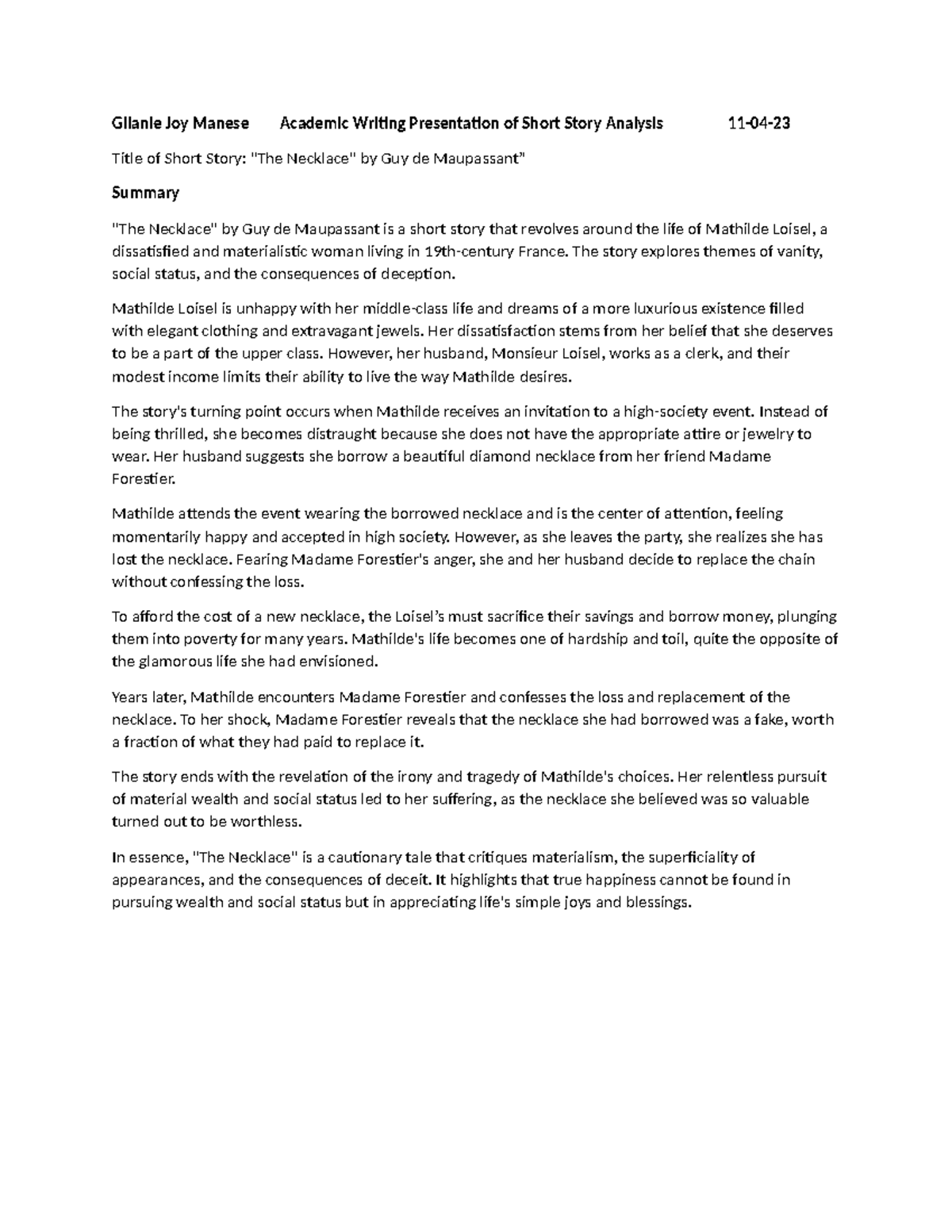 Creative Writing-The Necklace-Summary- Analysis - Gilanie Joy Manese ...
