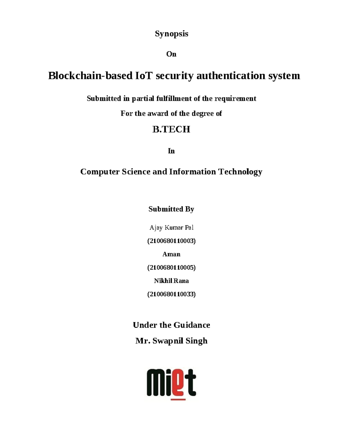 H4xhu-e83ep - Synopsis On Blockchain-based IoT security authentication system Submitted in ...