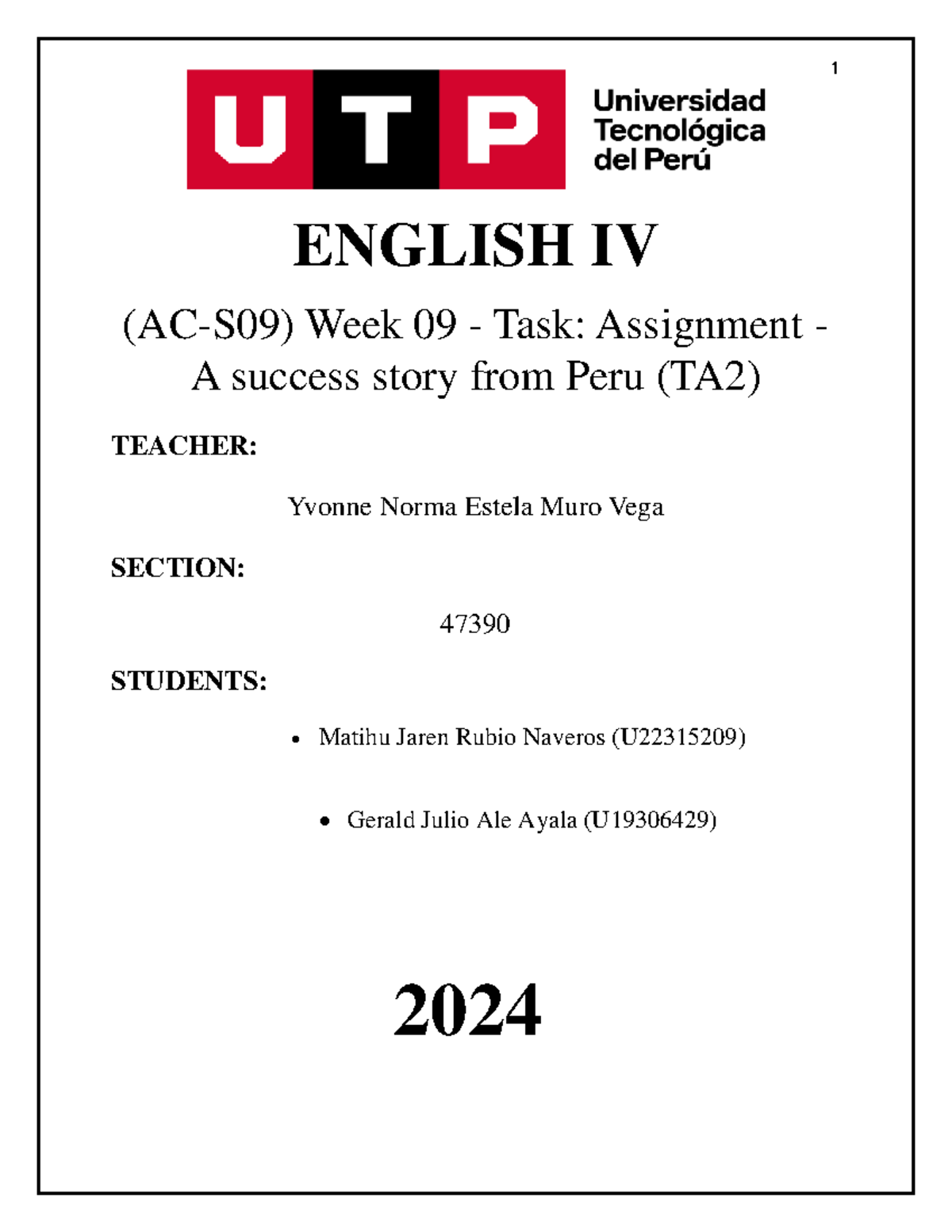 Ingles IV, WEEK 9 (TA2) - tarea academica - ENGLISH IV (AC-S09) Week 09 - Task: Assignment - A ...