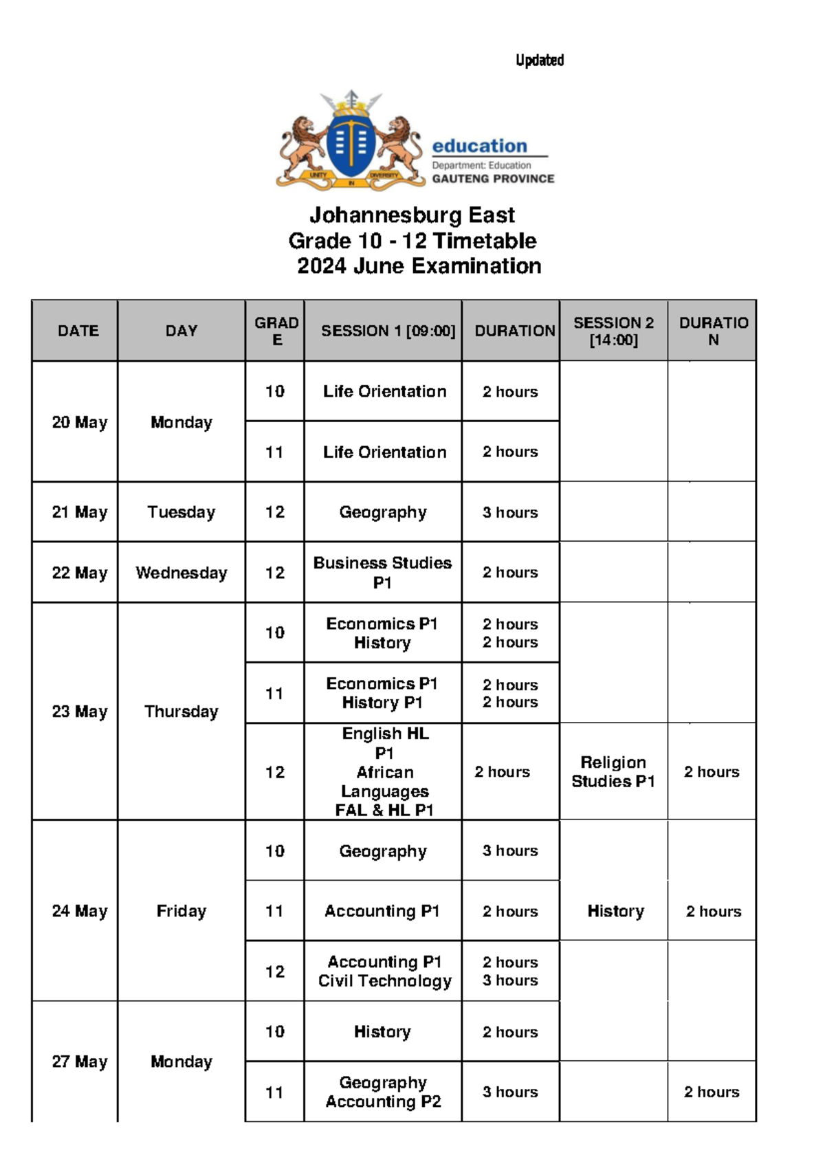 2024 June Common Examinations Timetable - Johannesburg East Grade 10 ...
