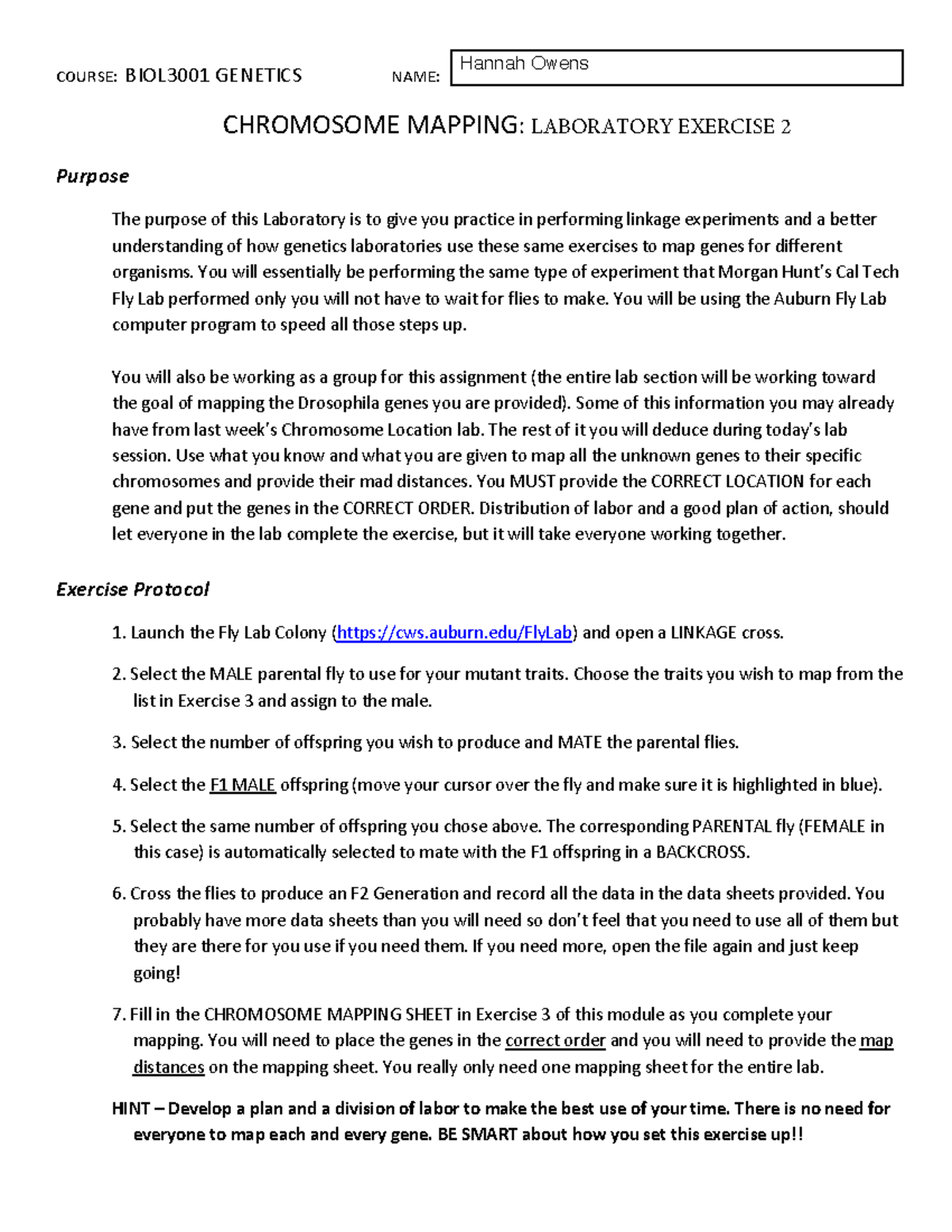 Exercise 1.pdf - COURSE: BIOL3001 GENETICS NAME: CHROMOSOME MAPPING ...