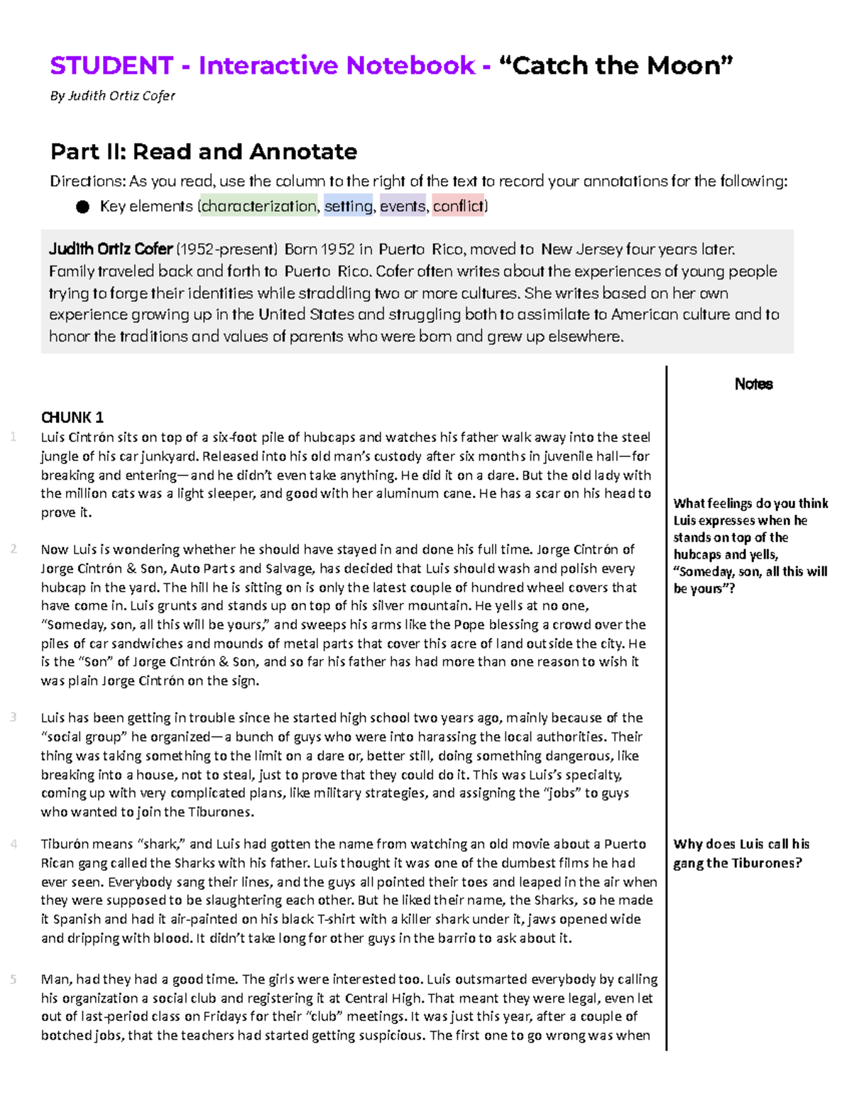 Copy of Part 2 Read Annotate Character, Setting, Events, Conflict Catch the Moon - STUDENT ...
