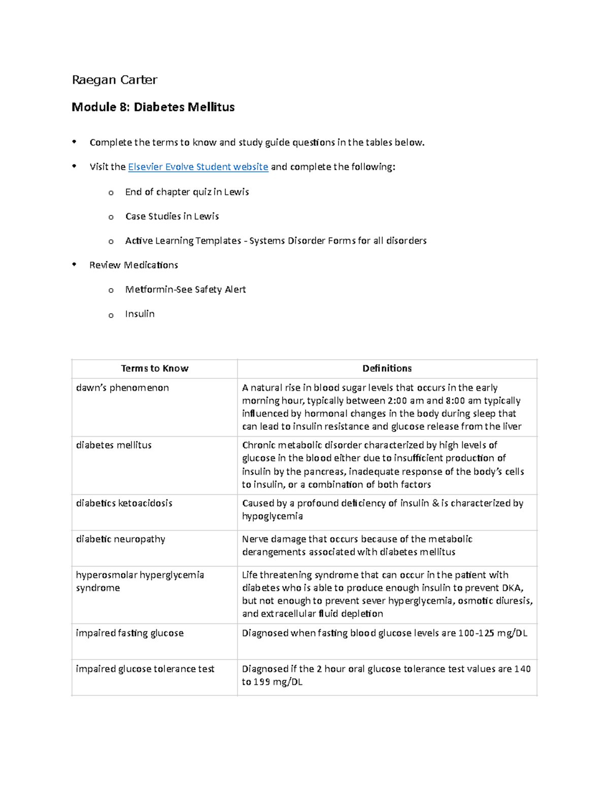 Module 8 Study Guide 2 - Raegan Carter Module 8: Diabetes Mellitus ...