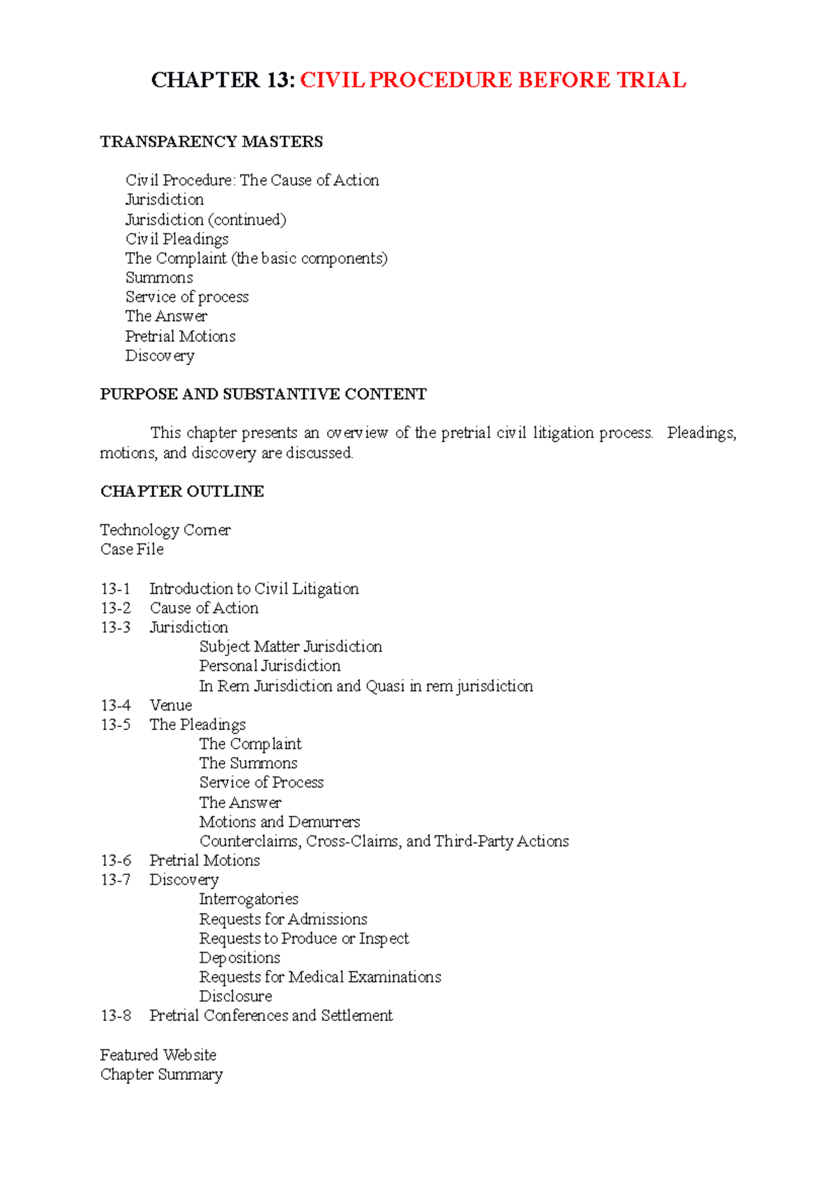 Ch13 Civil Procedure Before Trial - CHAPTER 13: CIVIL PROCEDURE BEFORE ...