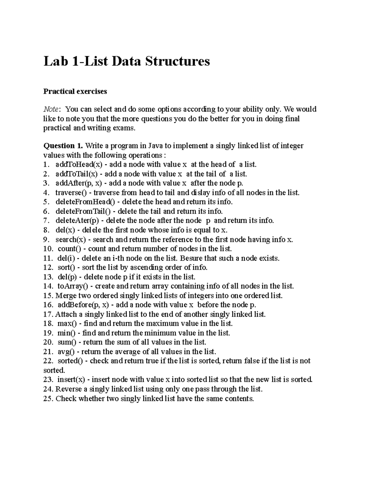 Lab1 - DBI101 - Lab 1-List Data Structures Practical exercises Note: You can select and do some ...
