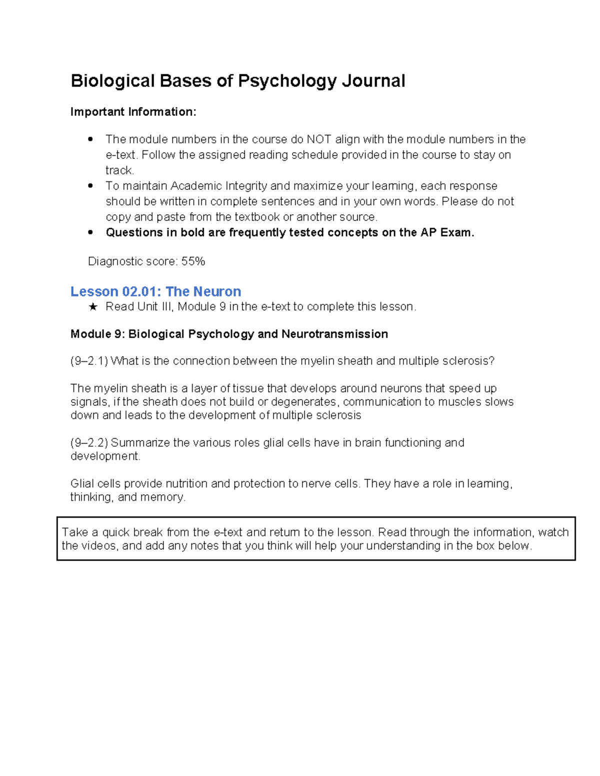 Module 2 Journal (Biological Bases of Psychology) - Biological Bases of ...