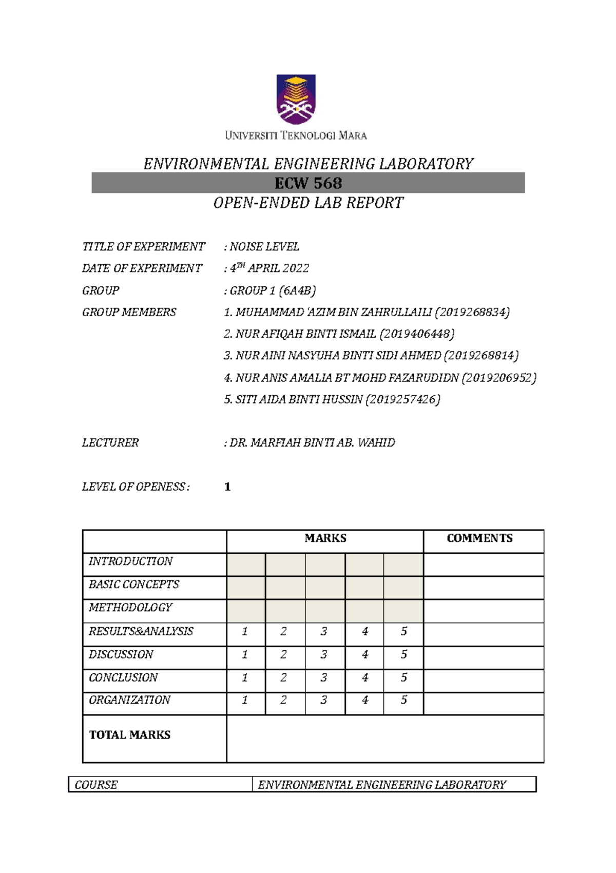 (L1) Noise Level 6A4B Group 1 - ENVIRONMENTAL ENGINEERING LABORATORY ...
