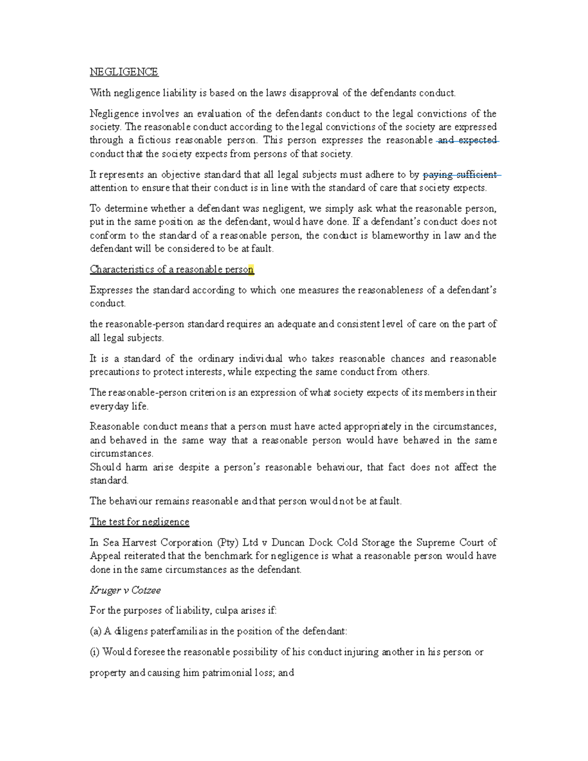 LAW OF Delict Fault Negligence Notes - NEGLIGENCE With negligence ...