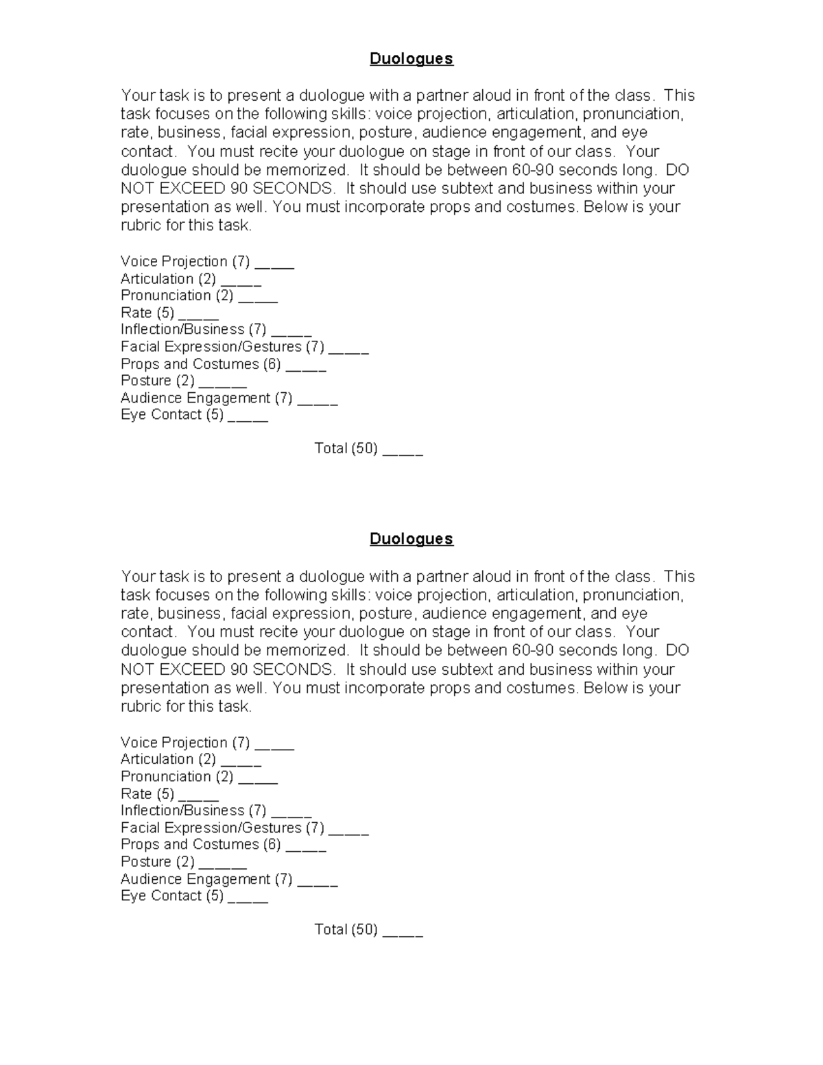 Duologue rubric - assginement - Duologues Your task is to present a ...