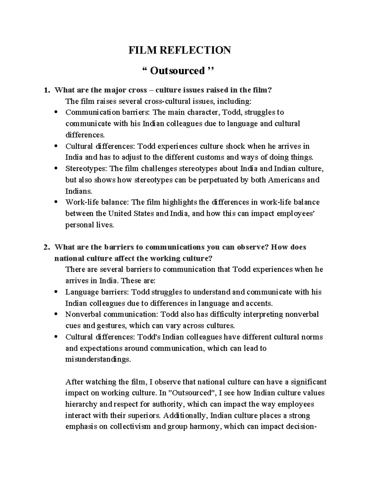 FILM Reflection - FILM REFLECTION “ Outsourced ’’ What are the major ...