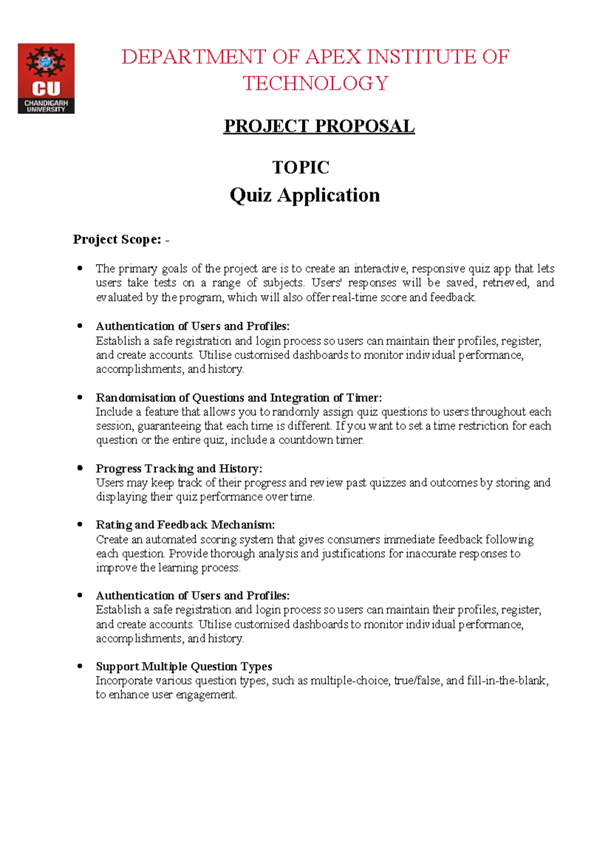 1. Project Proposal Format - DEPARTMENT OF APEX INSTITUTE OF TECHNOLOGY ...