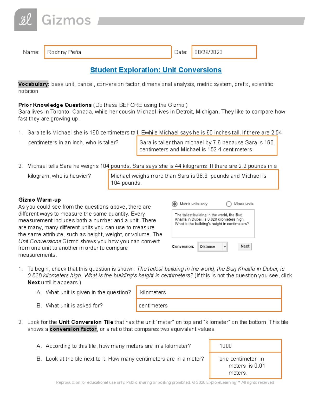Copy of Unit Conversion 1SE - Name: Rodnny Peña Date: 08/29/ Student ...
