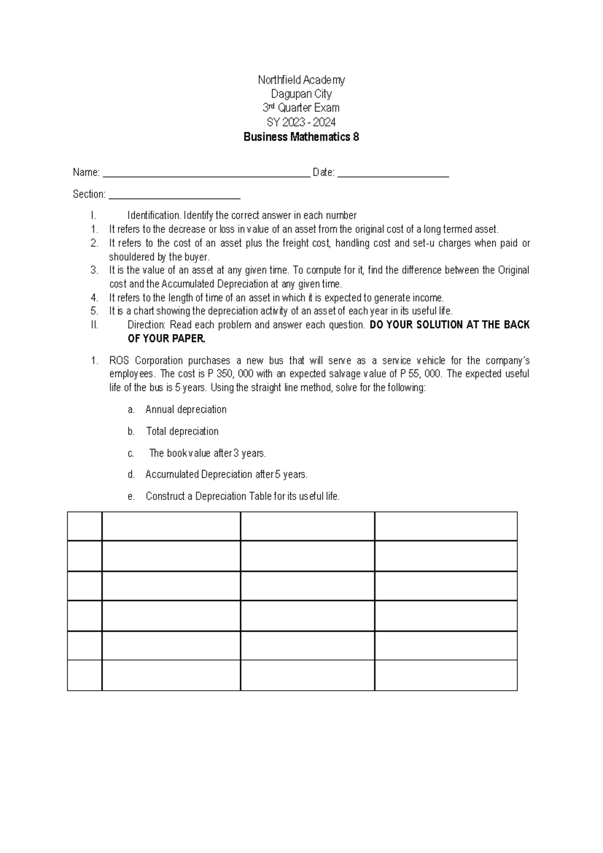 3rd Mid-Quarter Exam in Bus. Math - Northfield Academy Dagupan City 3 ...