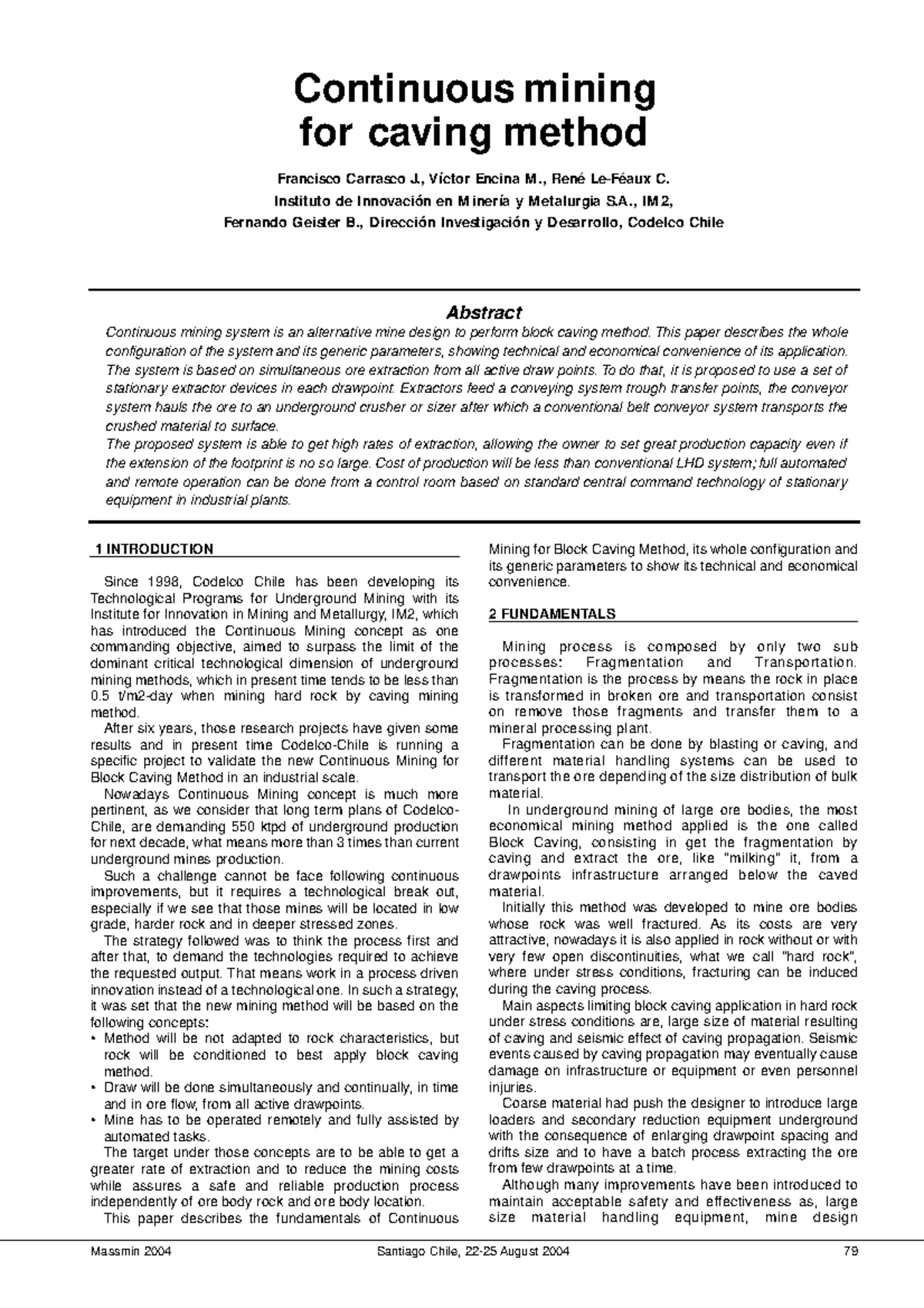 2004 Continuous Mining FOR Caving Method - 1 INTRODUCTION Since 1998 ...