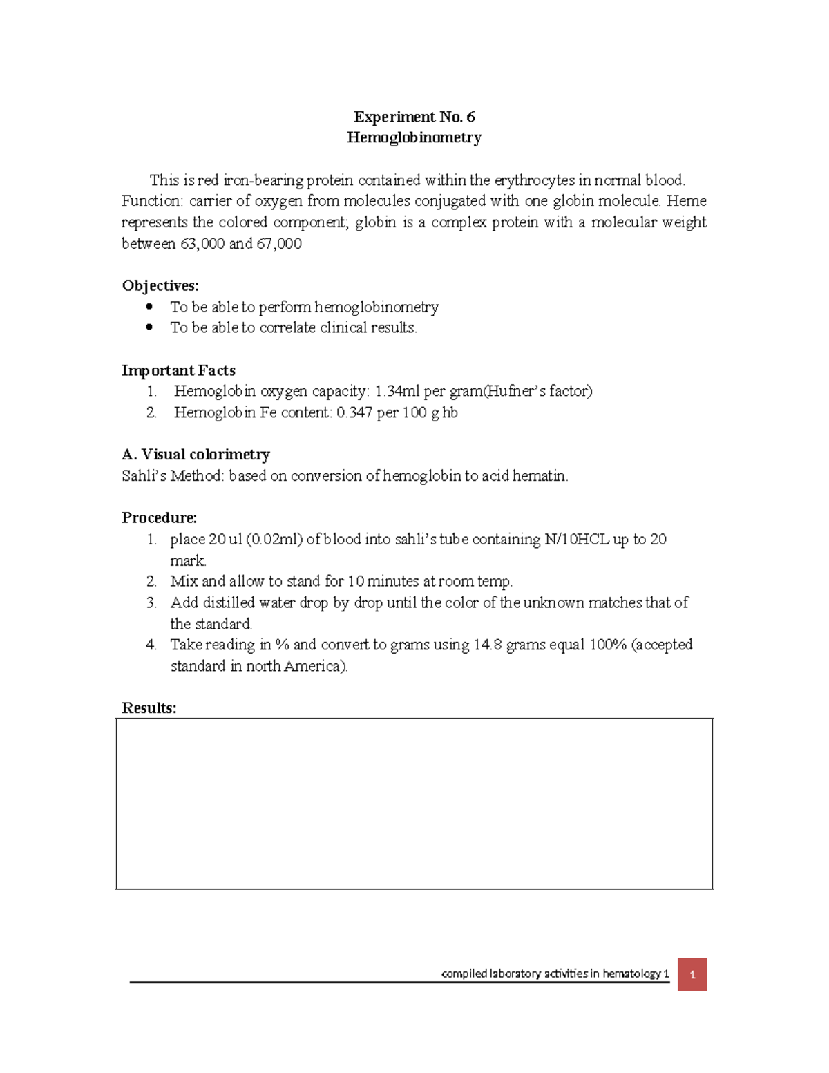 HEMA ACT. 6 - Hemoglobinometry - Experiment No. 6 Hemoglobinometry This ...