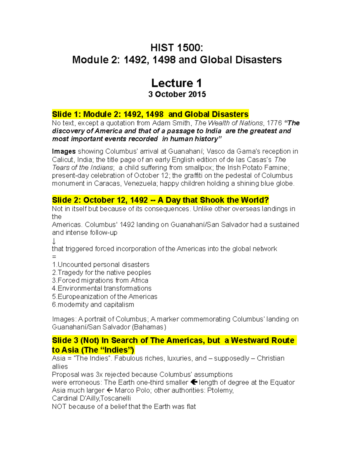 HIST 1500 Lecture 1 Slides Text - HIST 1500: Module 2: 1492, 1498 and ...