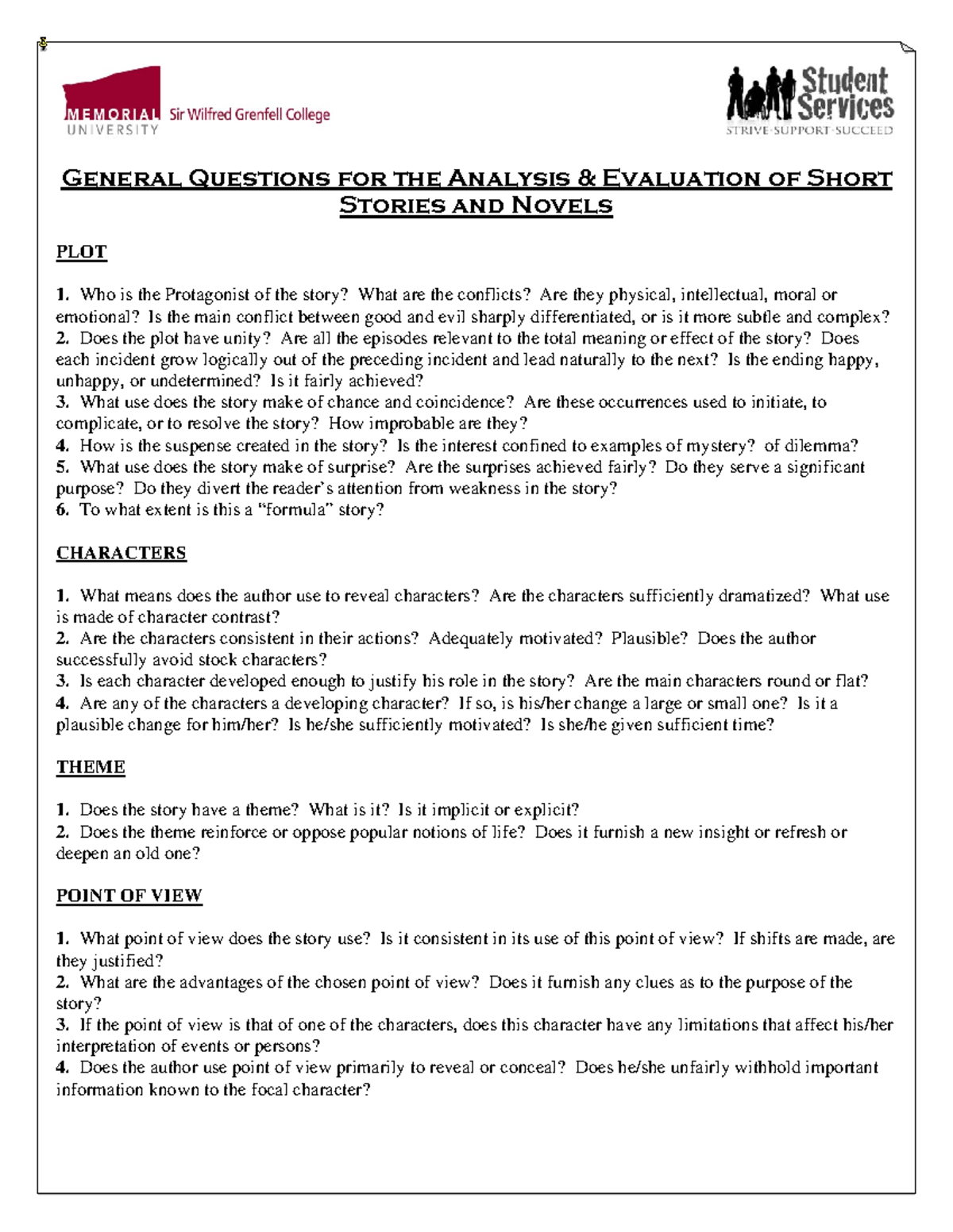 Shortstories - Ok..... - General Questions for the Analysis ...