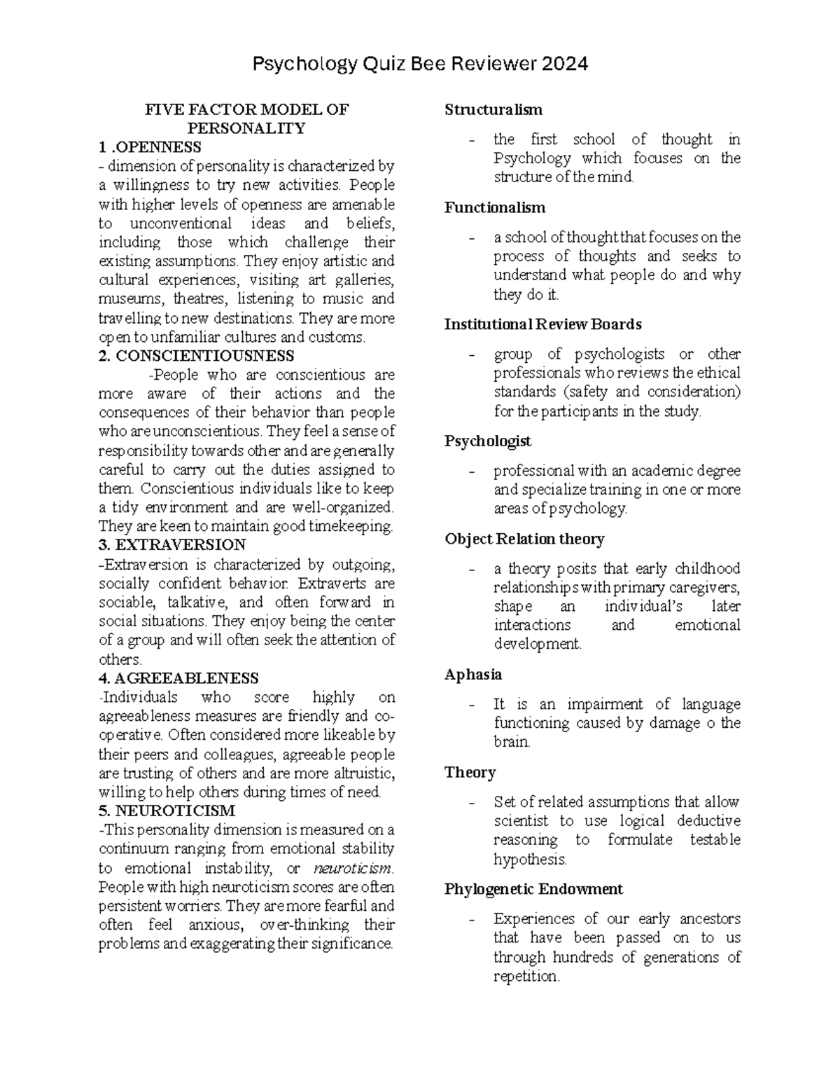 Psych-Quiz-Bee-Reviewer-2024 - FIVE FACTOR MODEL OF PERSONALITY 1 .OPENNESS dimension of ...