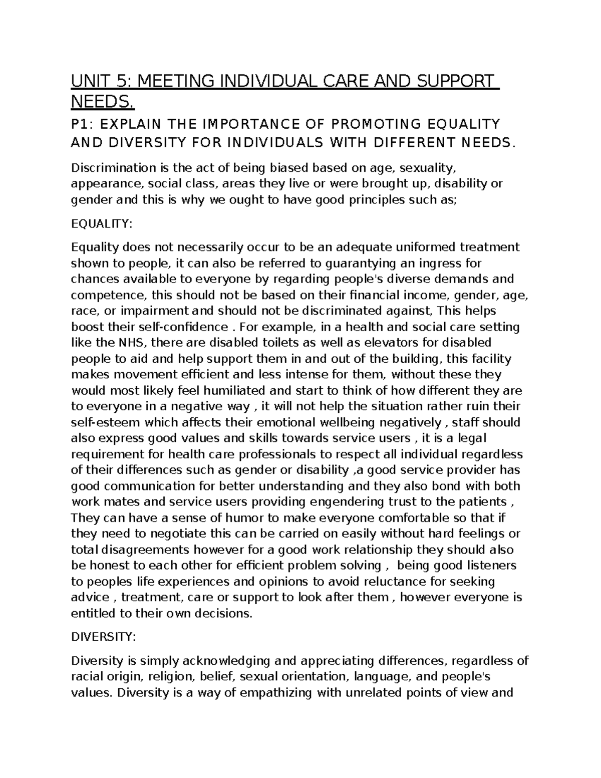 Bethels work - Fffcvcddc - UNIT 5: MEETING INDIVIDUAL CARE AND SUPPORT ...