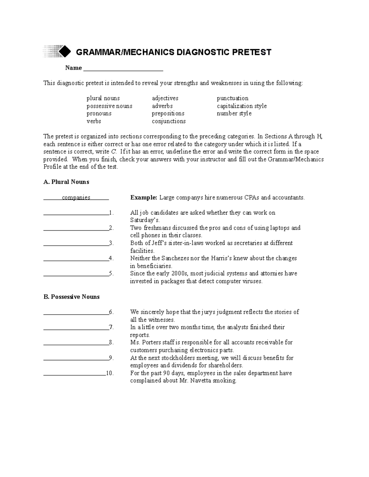Grammar Pre-test - GRAMMAR/MECHANICS DIAGNOSTIC PRETEST Name ...