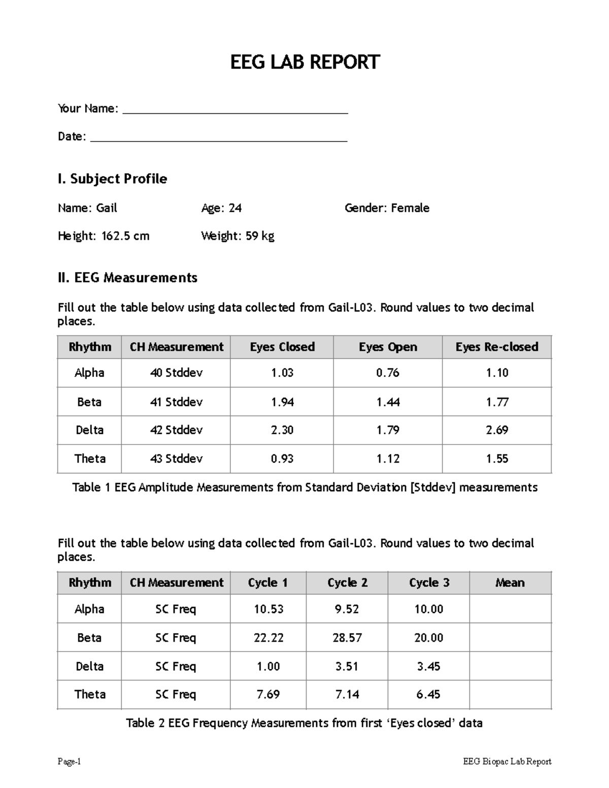 EEG Lab Report Online Form post - EEG LAB REPORT Your Name
