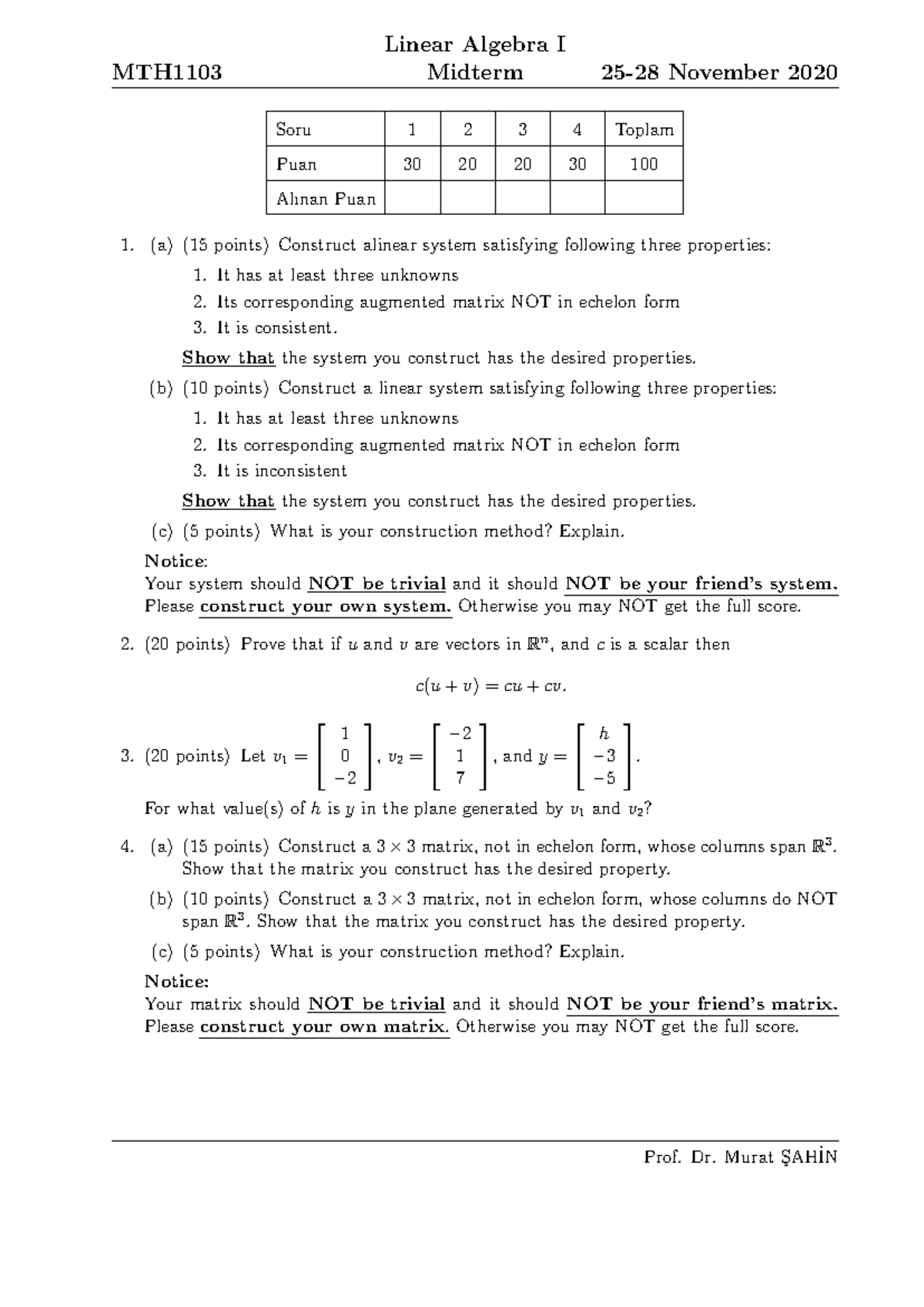 Linear algebra I midterm MTH1103V2020-2021G - MTH Linear Algebra I ...