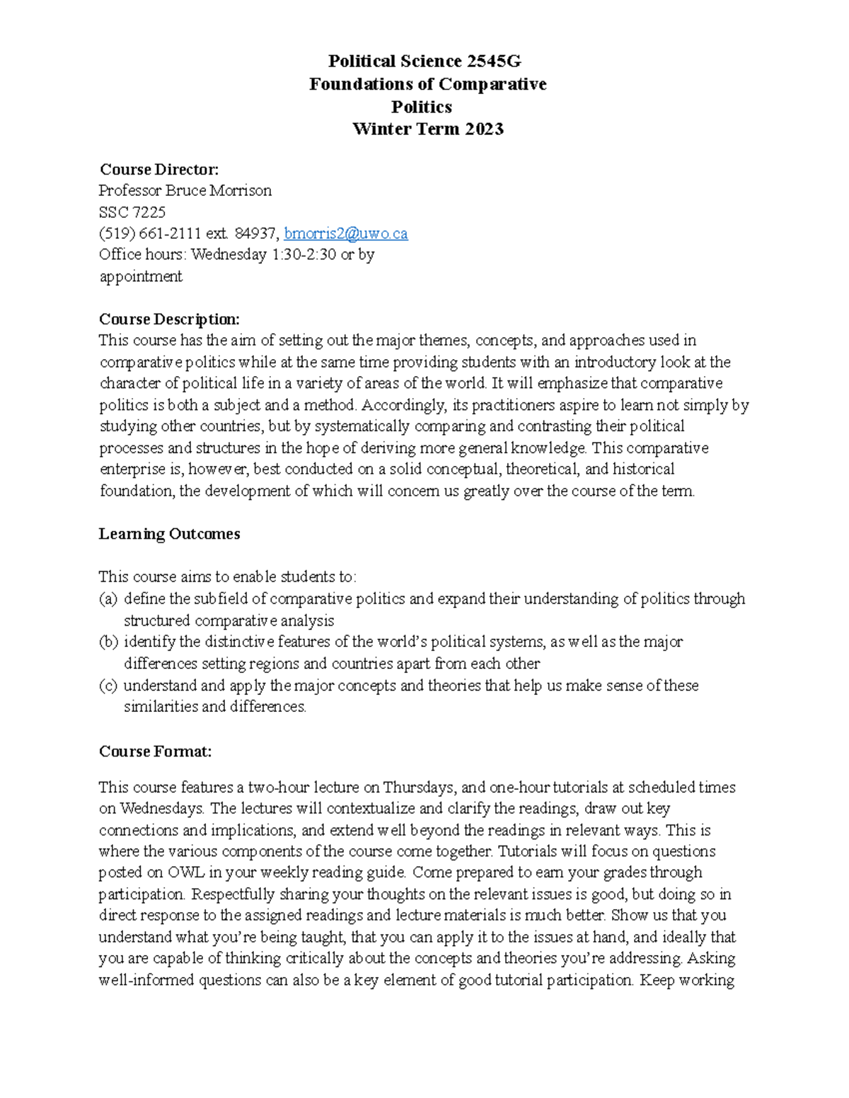 Comparative Politics 2545G 2023 Final a - Political Science 2545G Foundations of Comparative ...