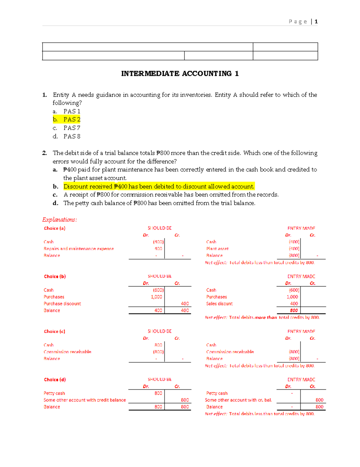 Pdfcoffee - sample quiz - INTERMEDIATE ACCOUNTING 1 Entity A needs guidance in accounting for ...