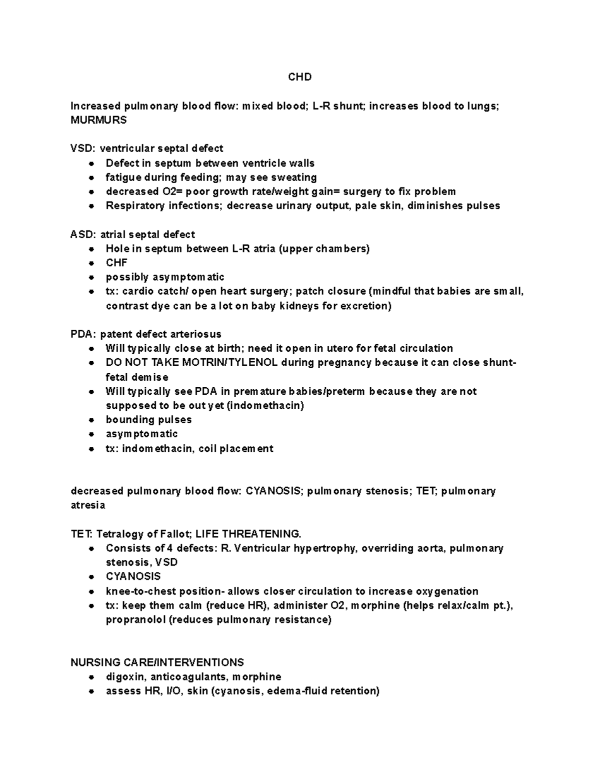 CHD - CHD condensed/need to know notes - CHD Increased pulmonary blood ...