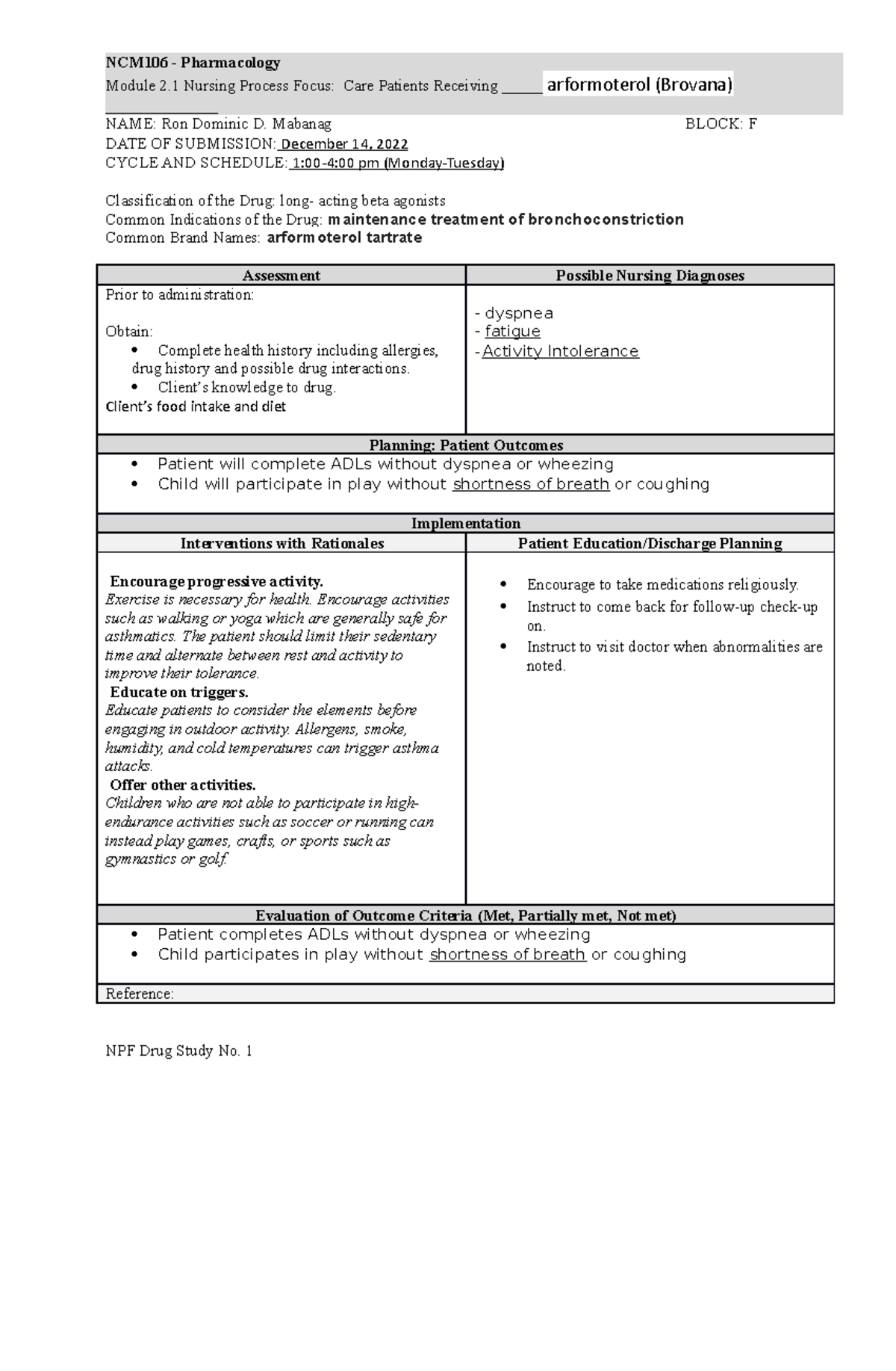 Arformoterol-Brovana - NCM106 - Pharmacology Module 2 Nursing Process ...