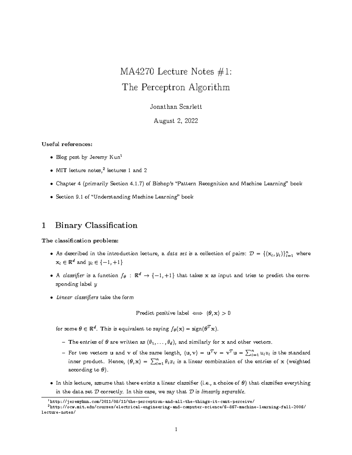 01-Perceptron Notes - MA4270 Lecture Notes #1: The Perceptron Algorithm ...