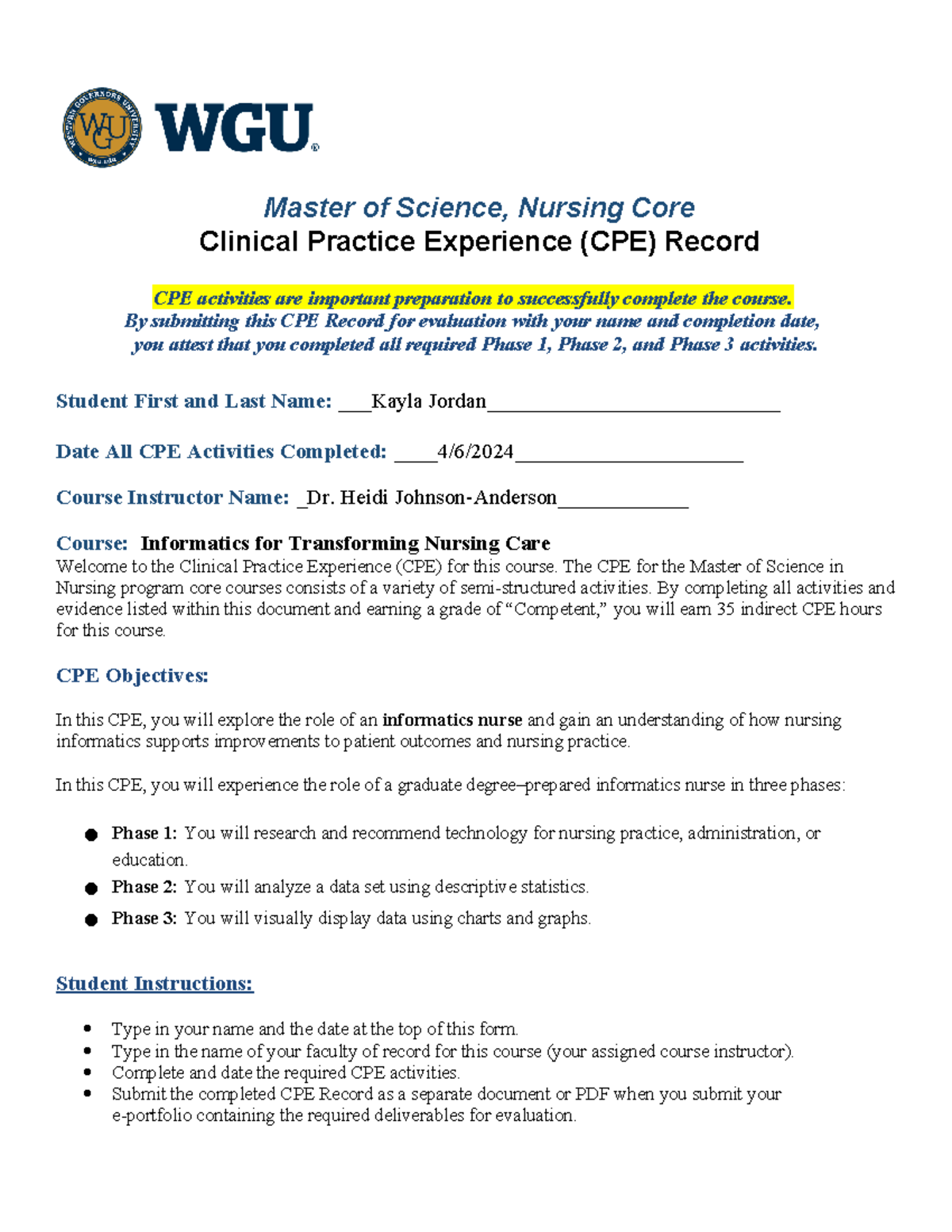 CPE Record D029 - Master of Science, Nursing Core Clinical Practice ...