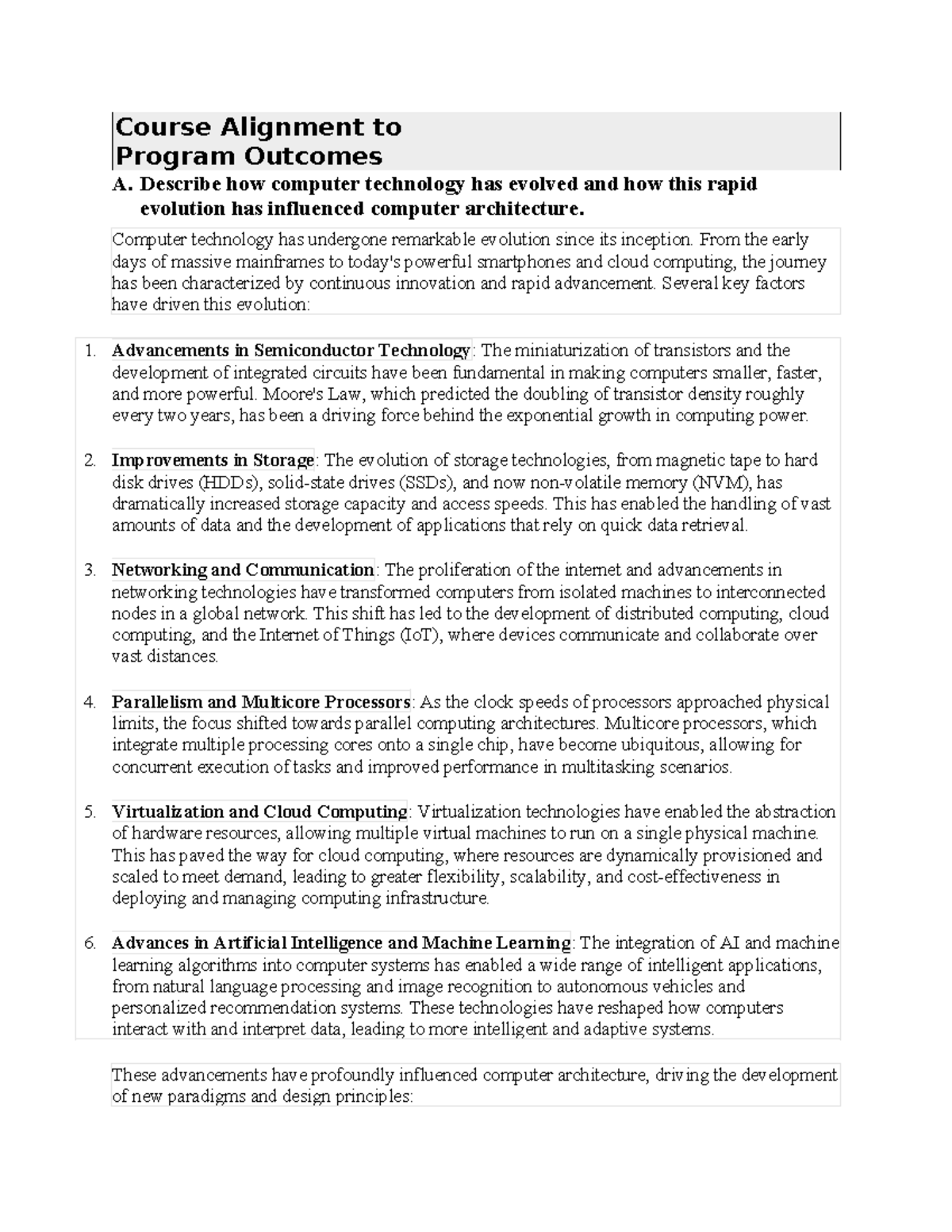 Course Alignment to Program Outcomes - Describe how computer technology ...