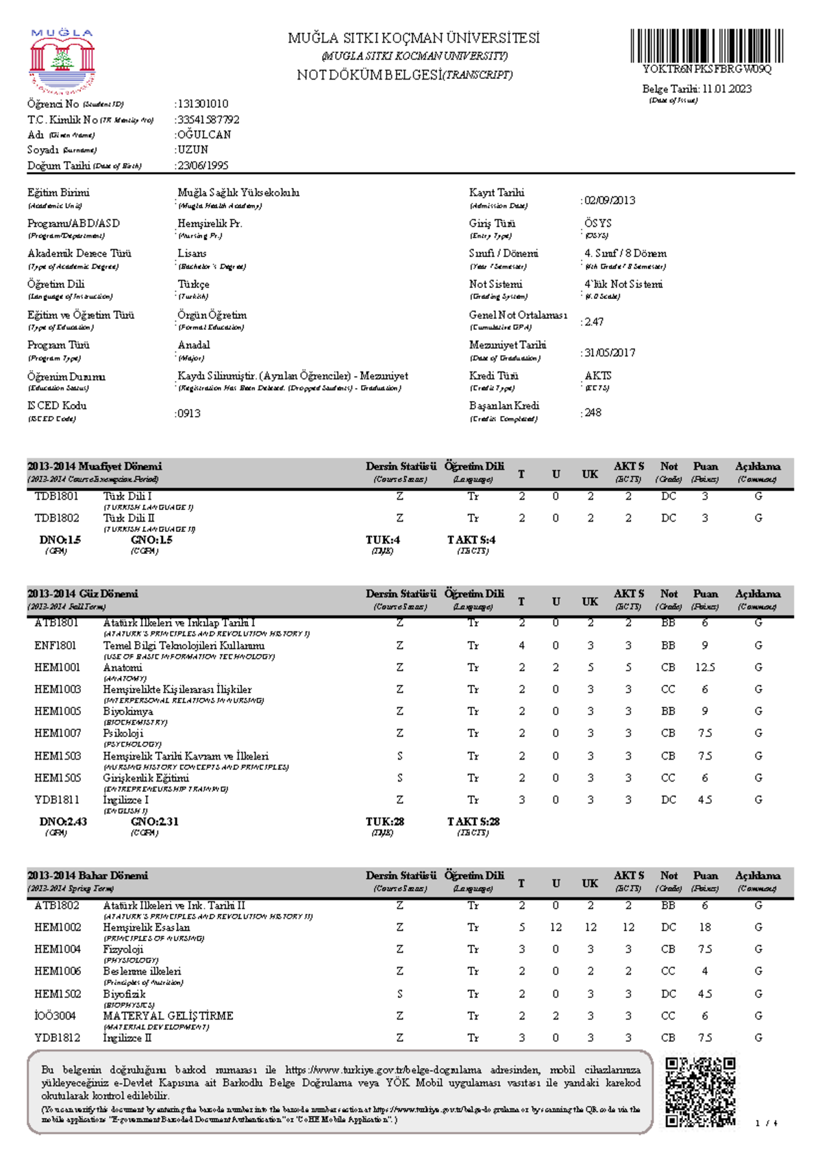 33541587792 Transkript - Öğrenci No T. Kimlik No Adý Doğum Tarihi ...
