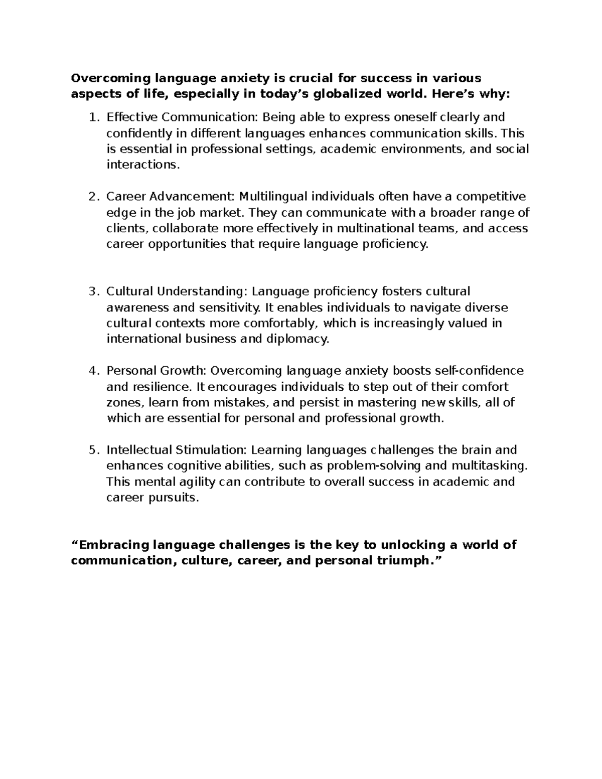 Outline on How Overcoming Language Anxiety is Relevant to Success ...