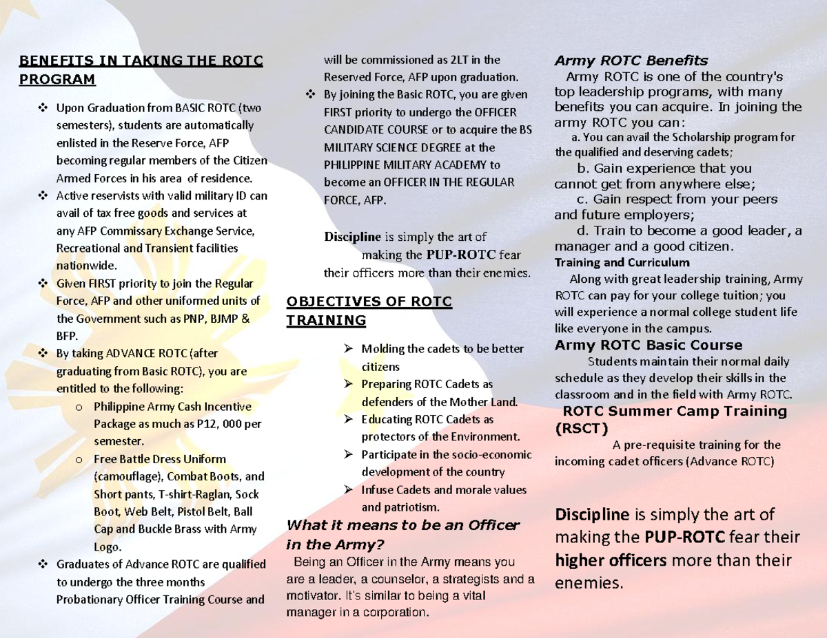 ROTC Pamphlets for recruitment - BENEFITS IN TAKING THE ROTC PROGRAM ...